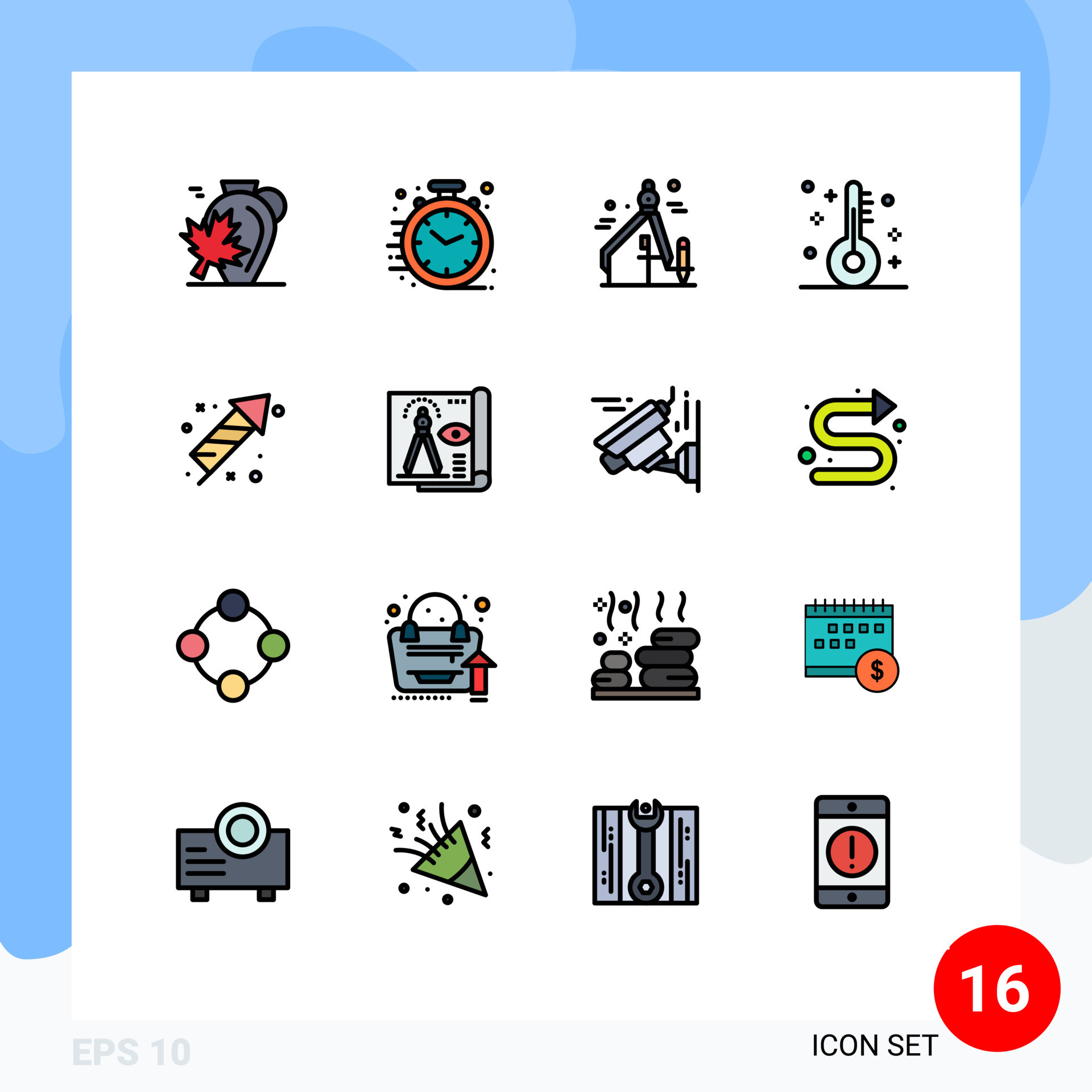 16 Universal Flat Color Filled Lines Set For Web And Mobile Applications Fireworks Thermometer