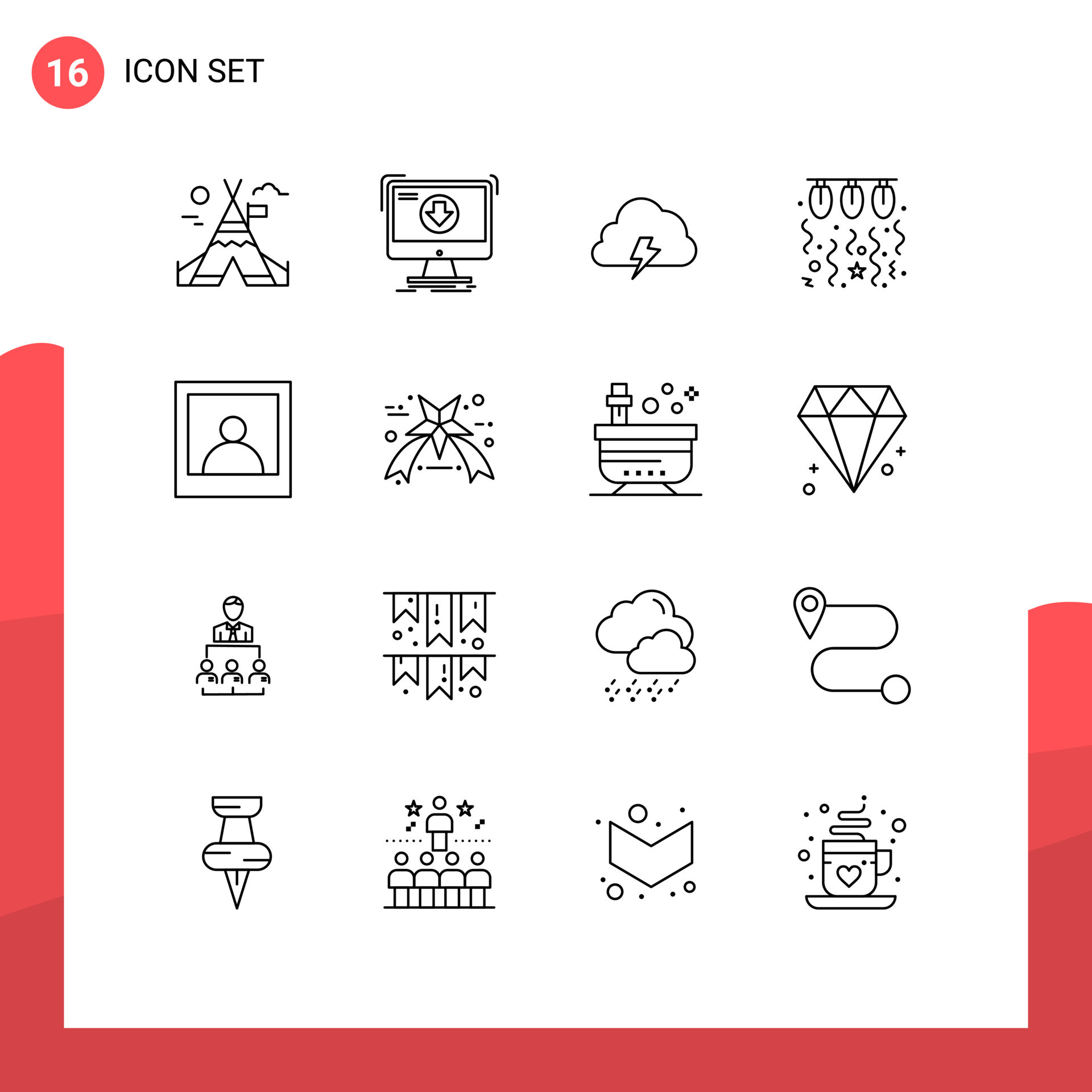User Interface Pack Of 16 Basic Outlines Of String Light Power Lamp Sun Editable Vector Design