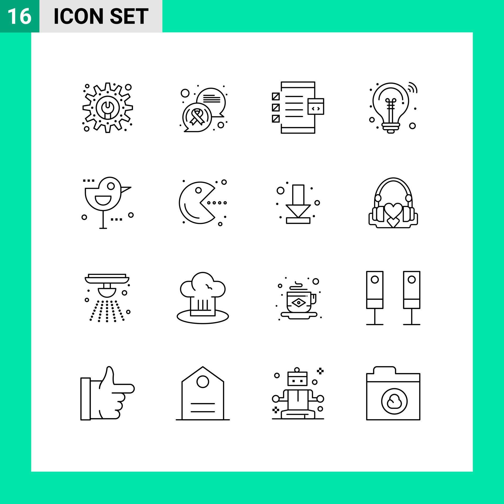 Mobile Interface Outline Set Of 16 Pictograms Of Bird Smart Solution Coding Innovation Bulb