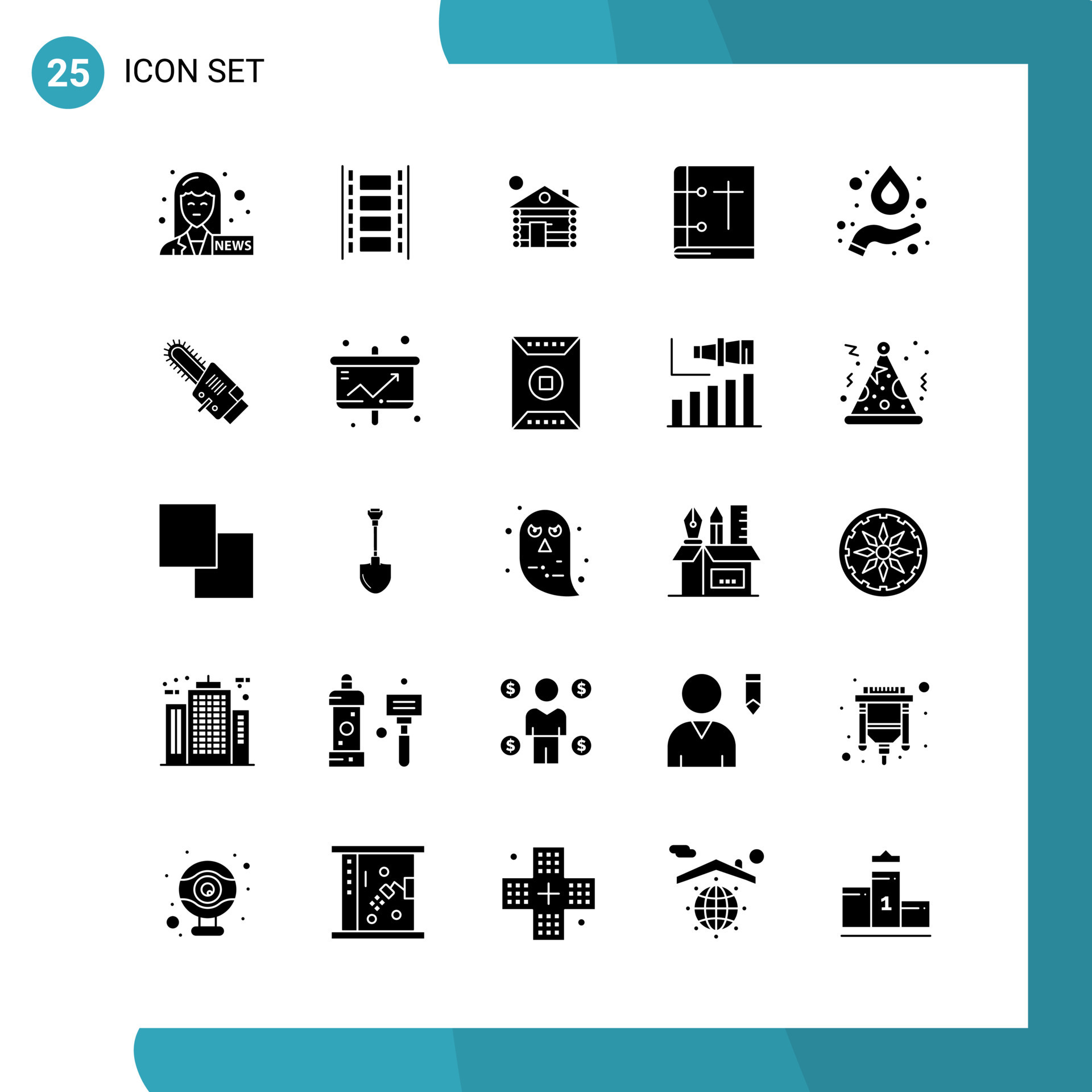 Vector Pack of 25 Glyph Symbols Solid Style Icon Set on White ...