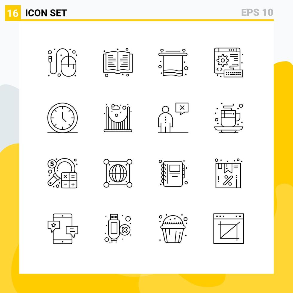 Set of 16 Modern UI Icons Symbols Signs for time gear bath keyboard digital Editable Vector ...