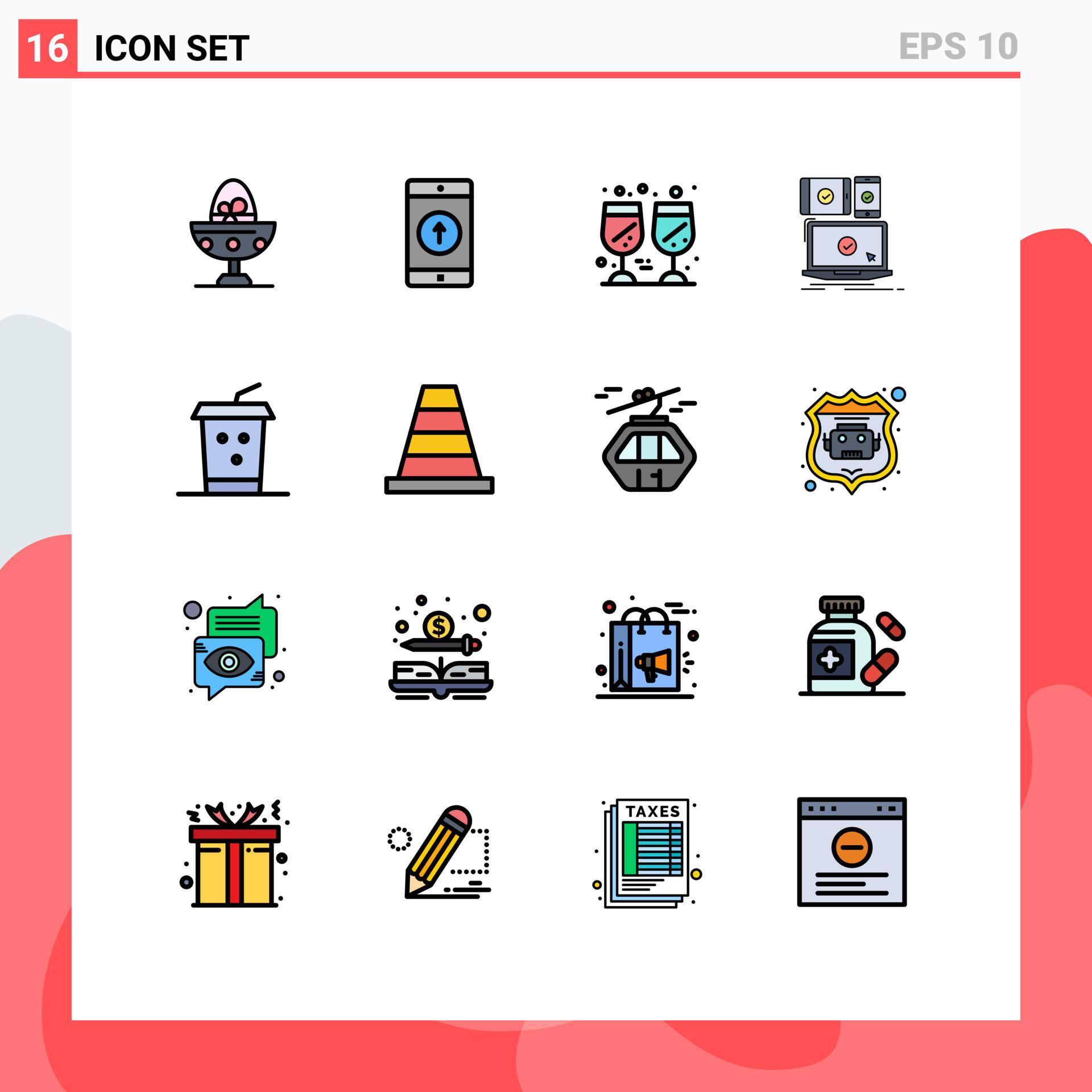 Set Of 16 Vector Flat Color Filled Lines On Grid For Responsive Devices Smartphone Computer Wine