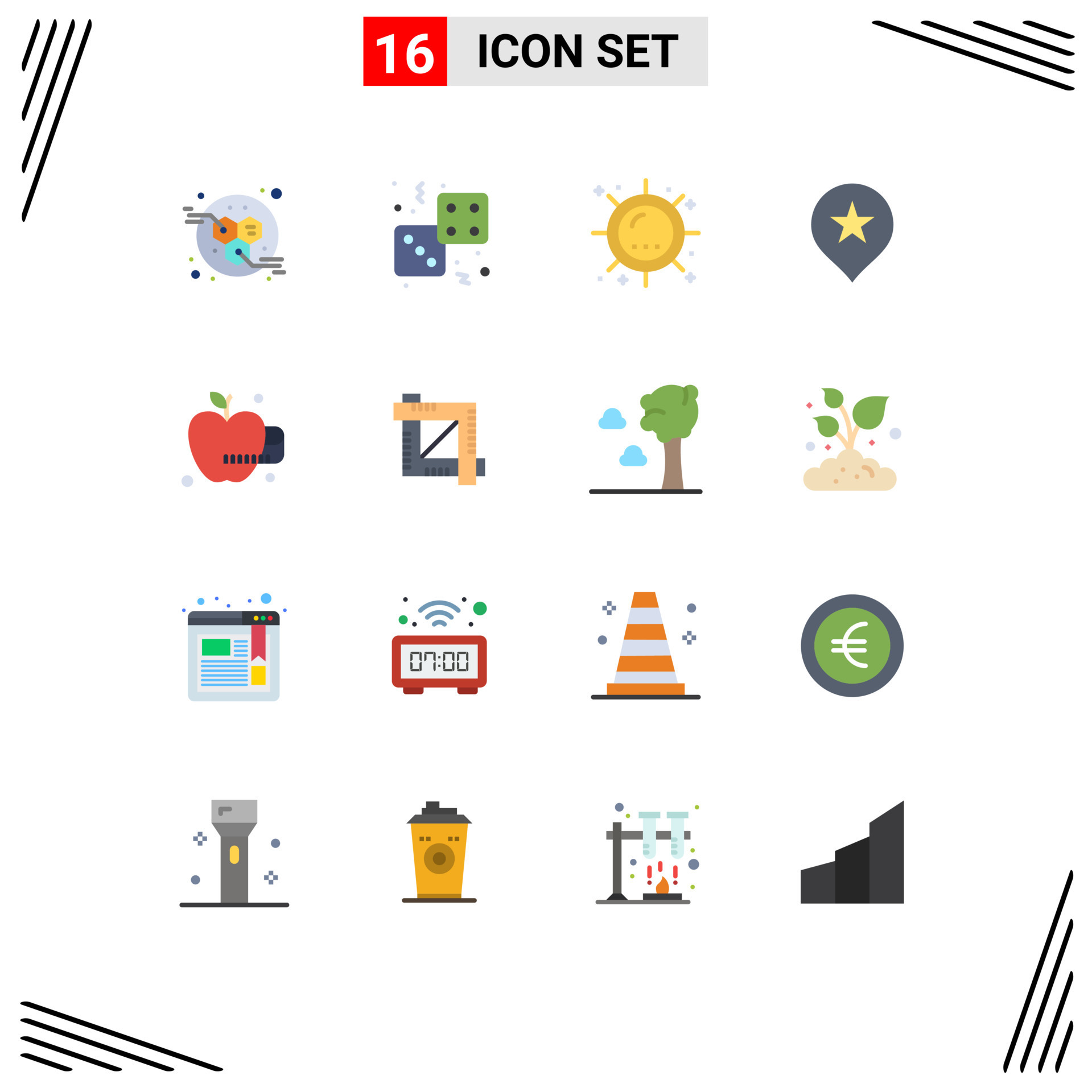 16 User Interface Flat Color Pack Of Modern Signs And Symbols Of Food Navigation Heat Stare