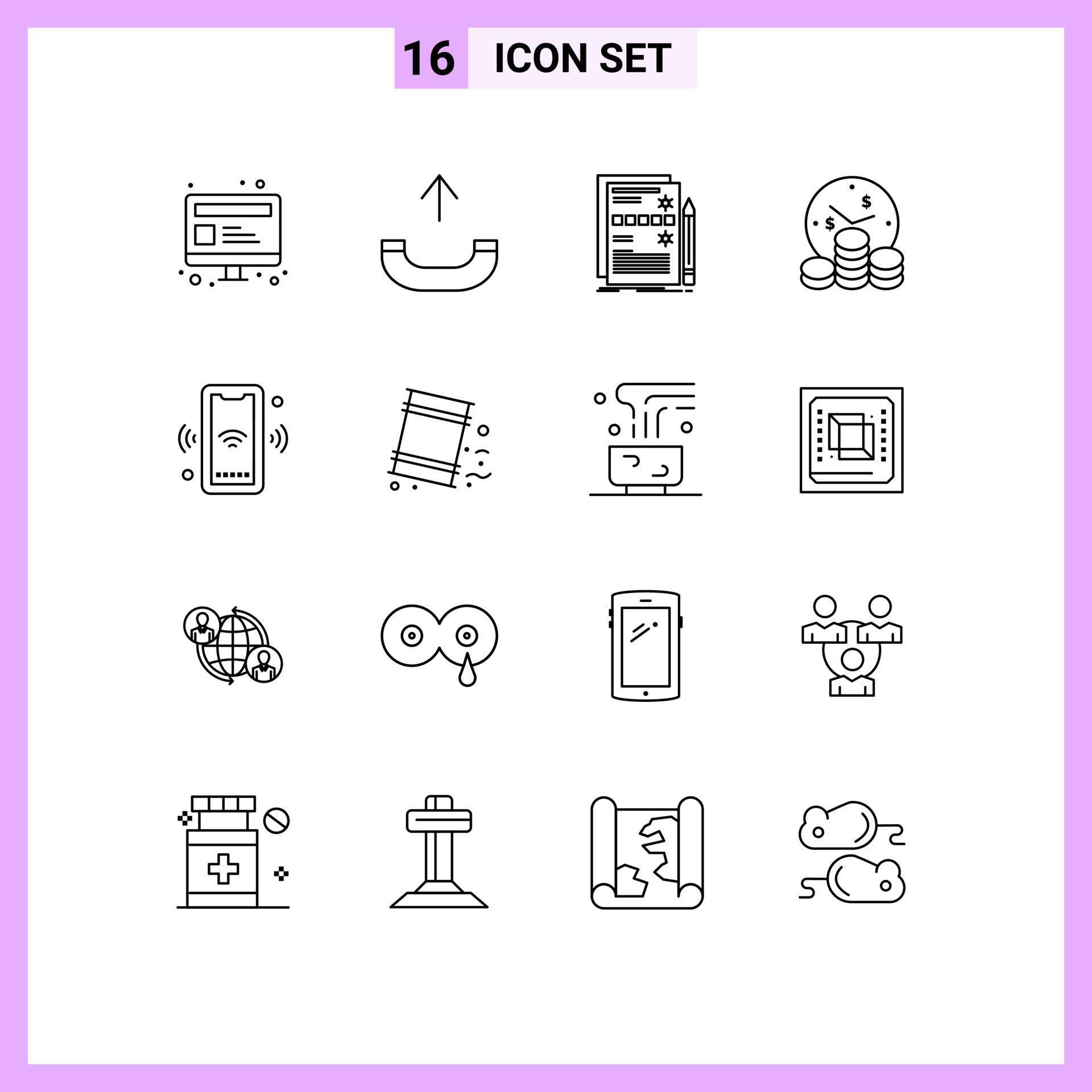 Set of 16 Vector Outlines on Grid for signal time data money business Editable Vector Design ...