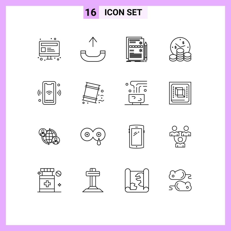 Set of 16 Vector Outlines on Grid for signal time data money business Editable Vector Design ...