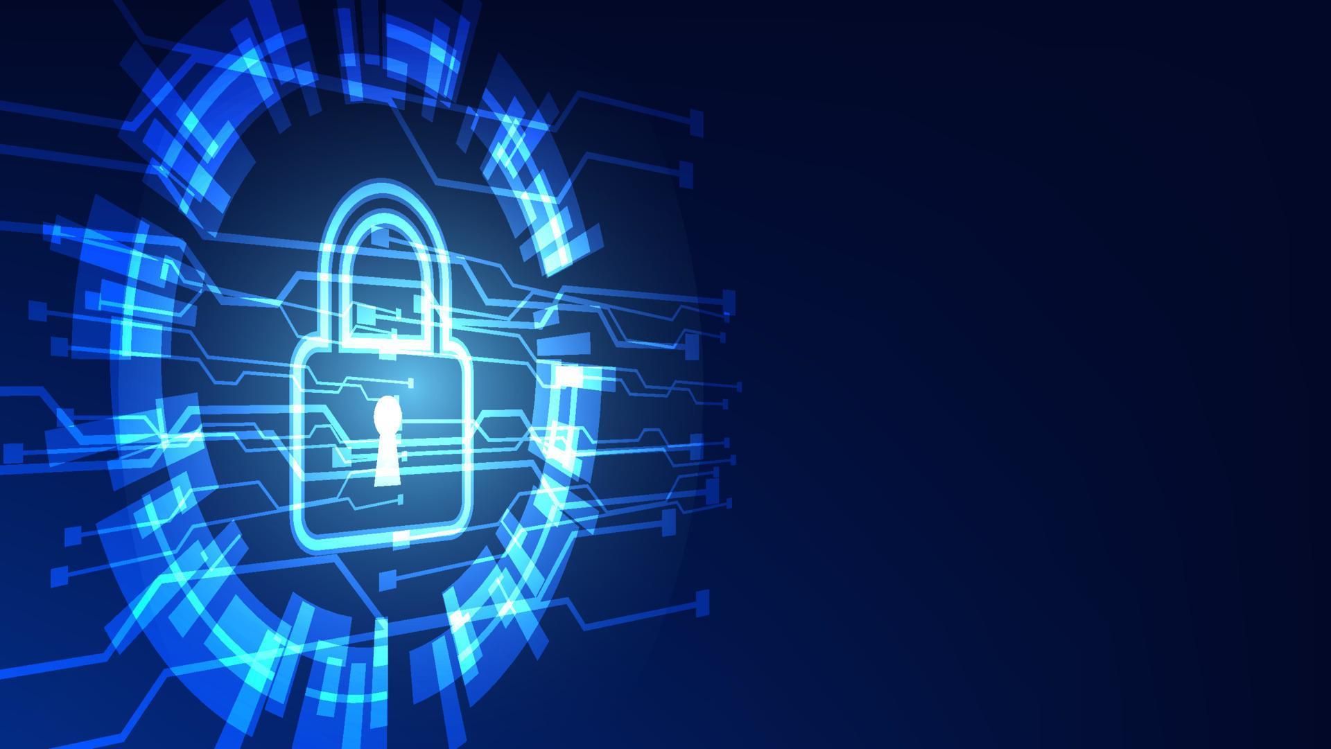 digital padlock with HUD virtual screen on blue background. cyber security technology and ...