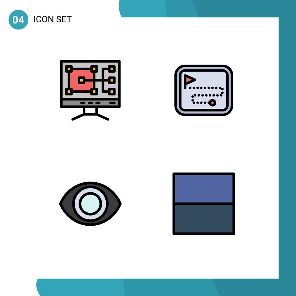 Mobile Interface Filledline Flat Color Set Of 4 Pictograms Of Computer Grid Map Flag Layout