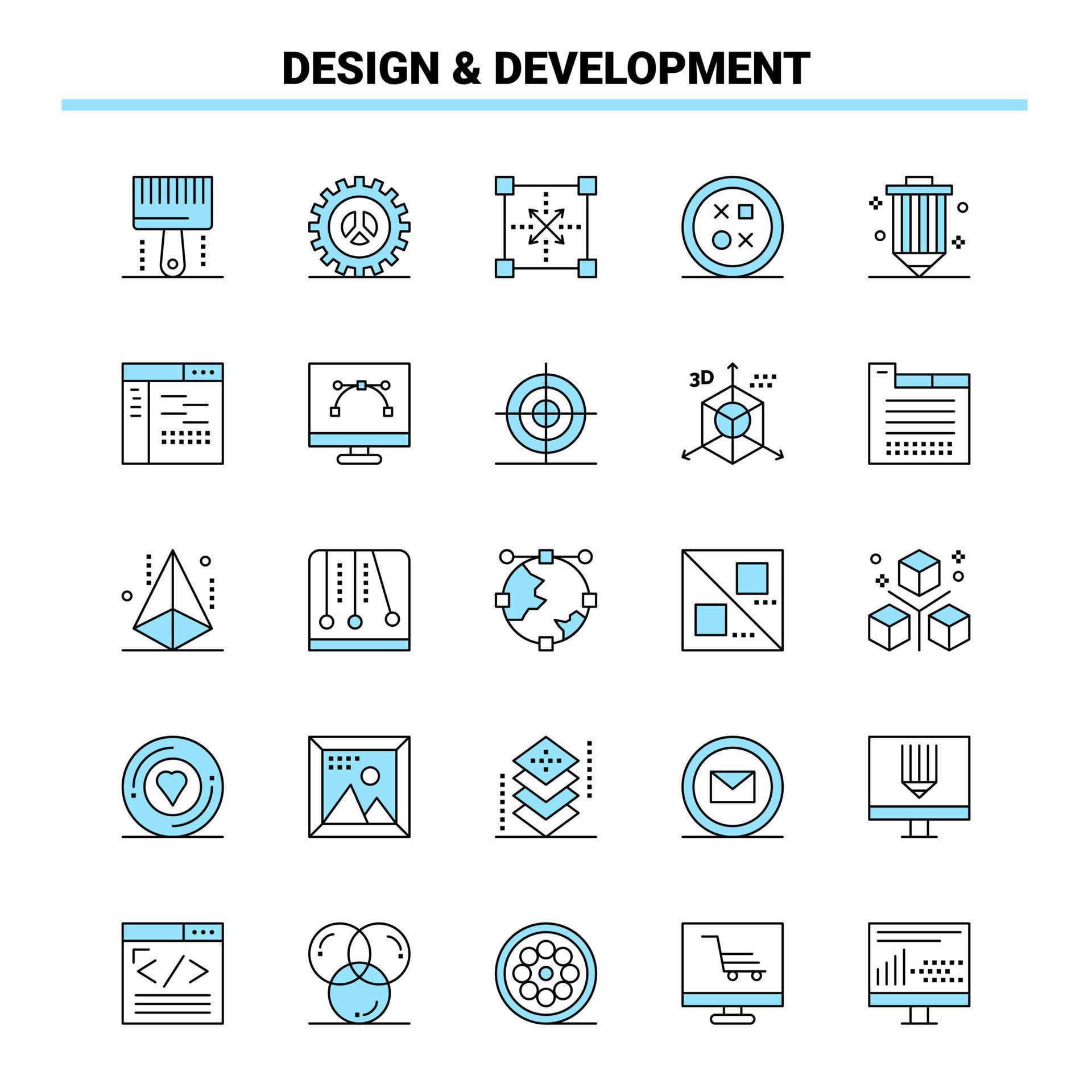 25 Design Development Black and Blue icon Set Creative Icon Design and ...