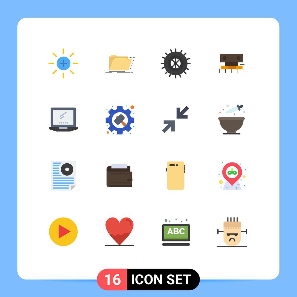 Mobile Interface Flat Color Set Of 16 Pictograms Of Computer Scale Folder Tool Level Editable