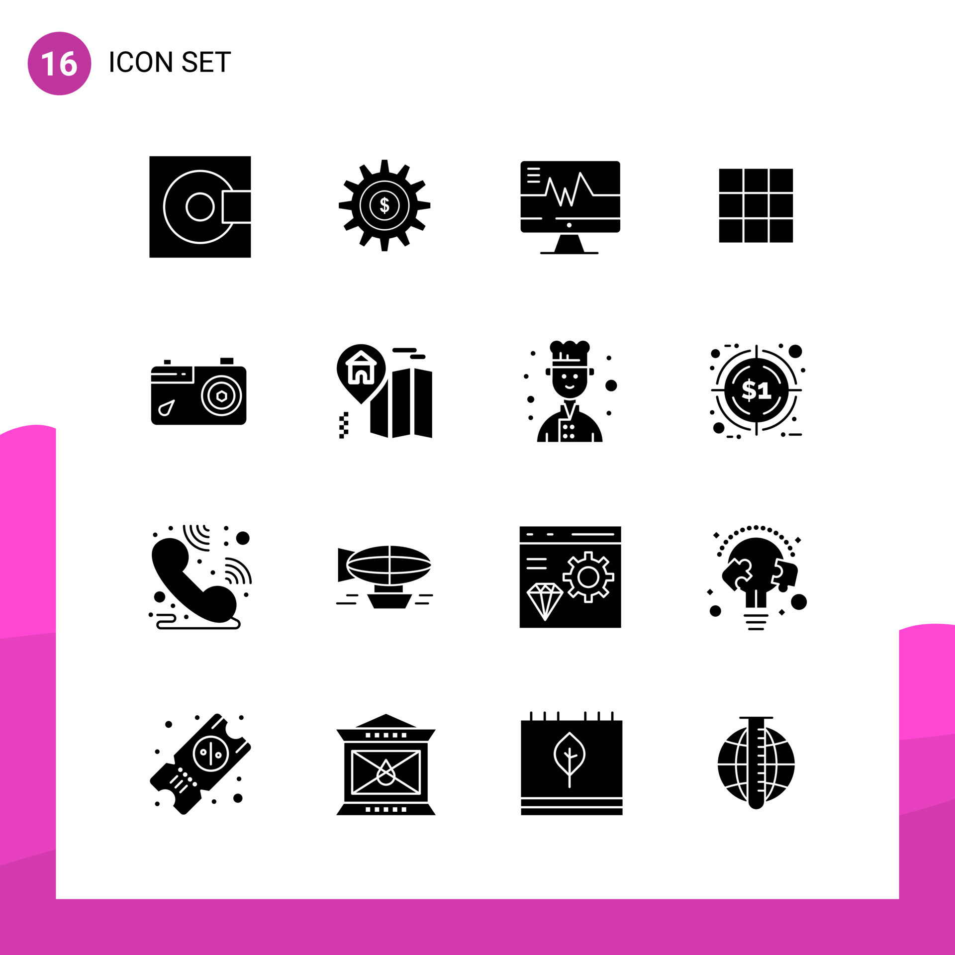 Glyph Icon set Pack of 16 Solid Icons isolated on White Background for ...