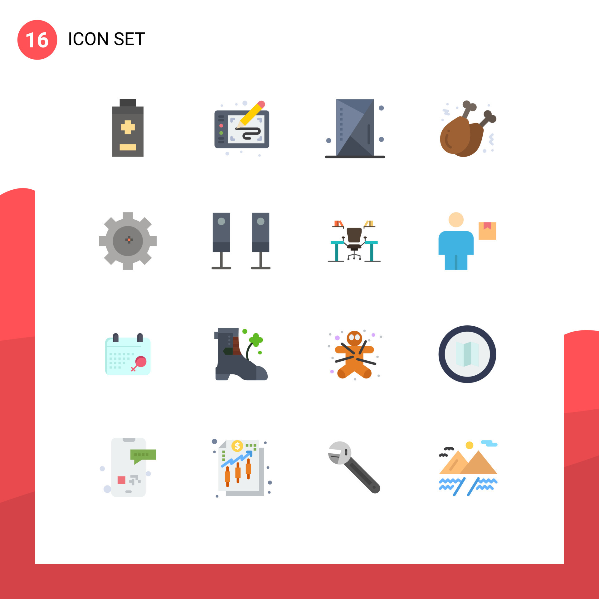 User Interface Pack Of 16 Basic Flat Colors Of Gear Food Console Fast Food Shield Editable Pack