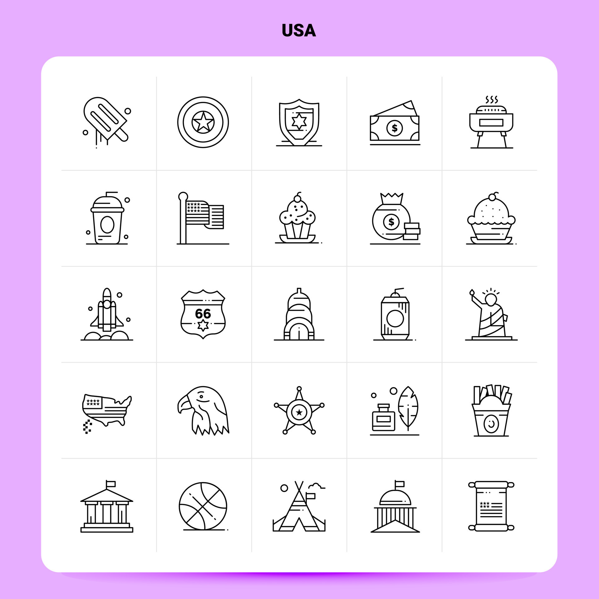 Outline 25 Usa Icon Set Vector Line Style Design Black Icons Set Linear