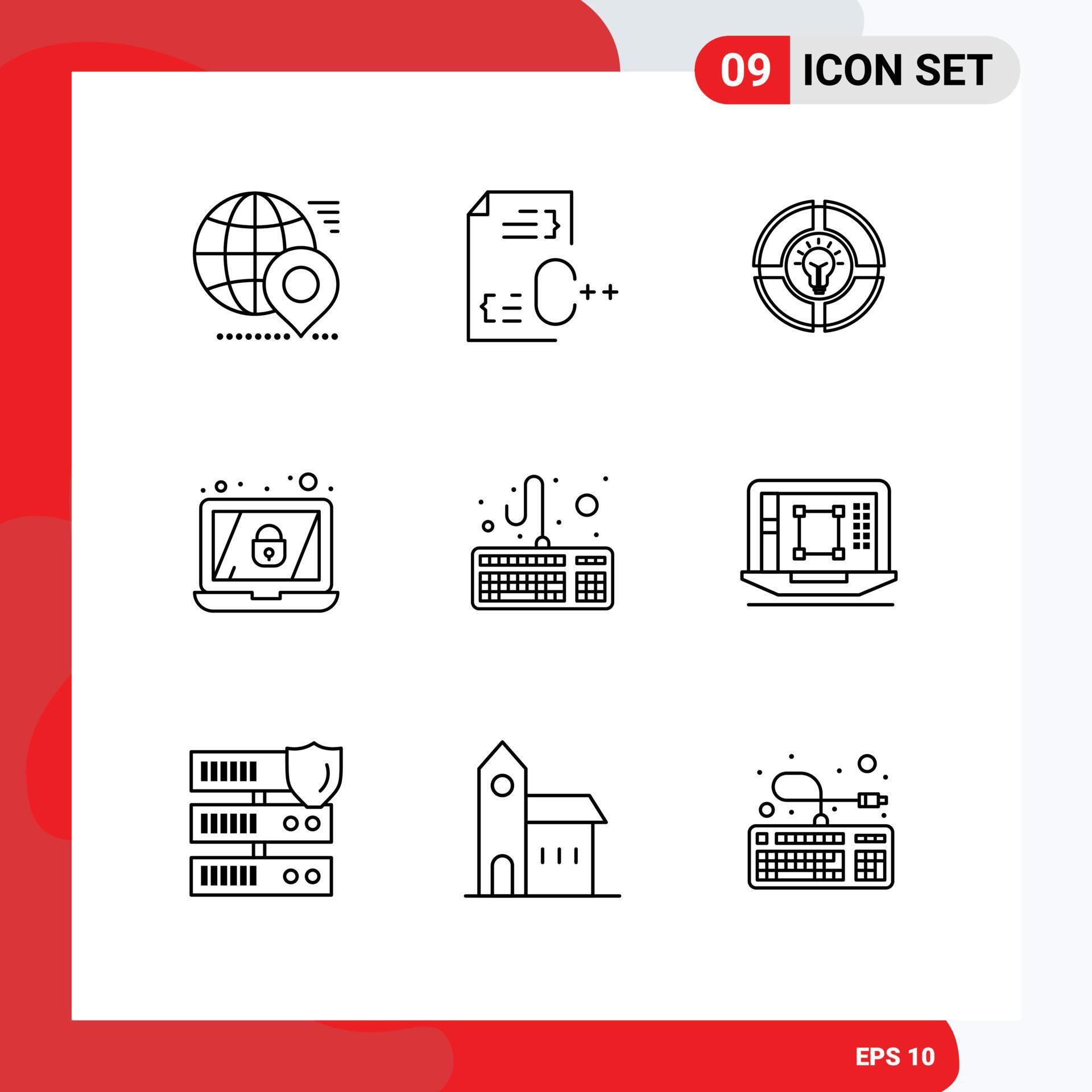 Set Of 9 Vector Outlines On Grid For Lock Encryption Development Idea Chat Editable Vector