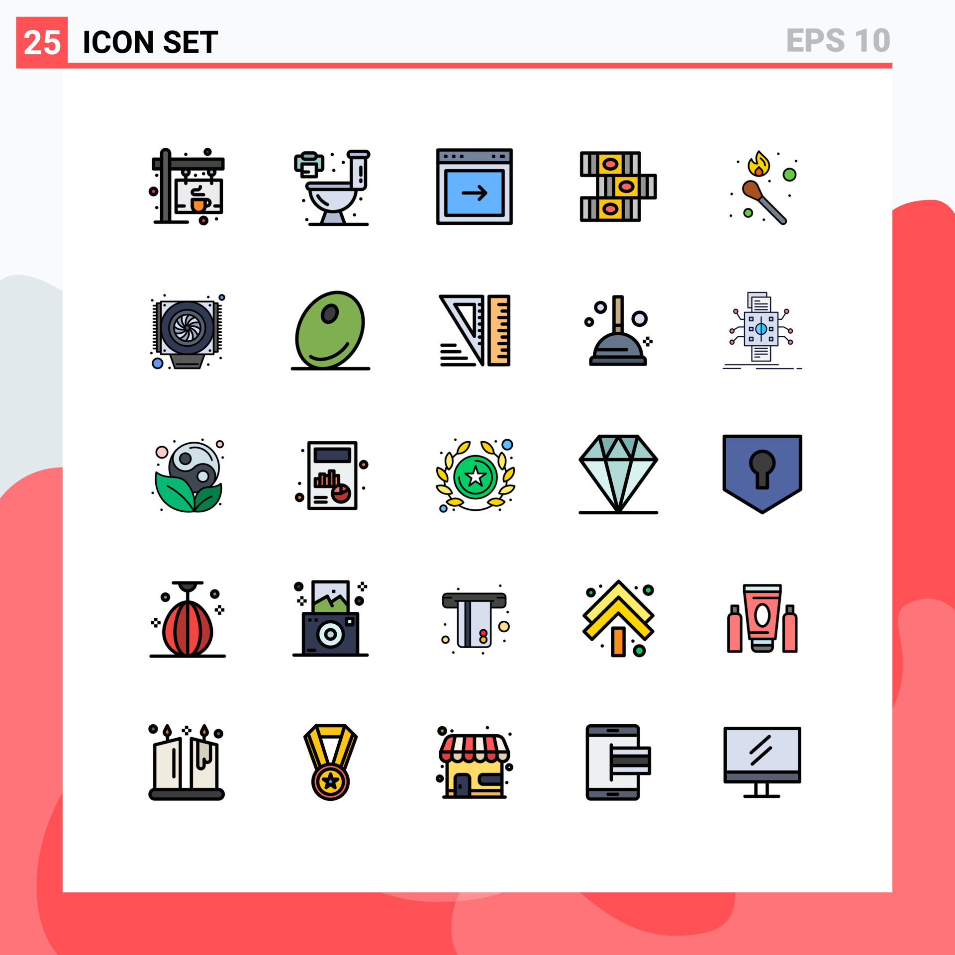 User Interface Pack Of 25 Basic Filled Line Flat Colors Of Stick Fire Flame Browser Fire