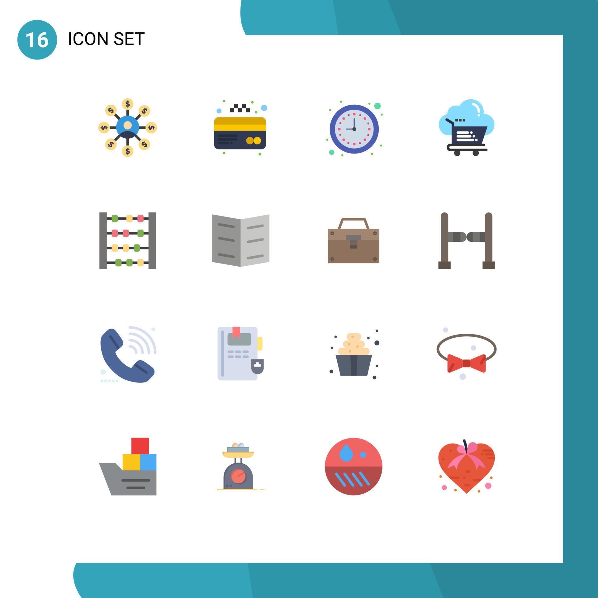 16 User Interface Flat Color Pack Of Modern Signs And Symbols Of Counter Trolley Clock