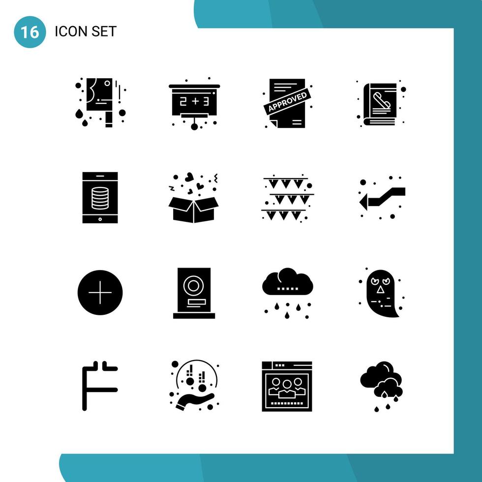 Vector Pack of 16 Glyph Symbols Solid Style Icon Set on White ...