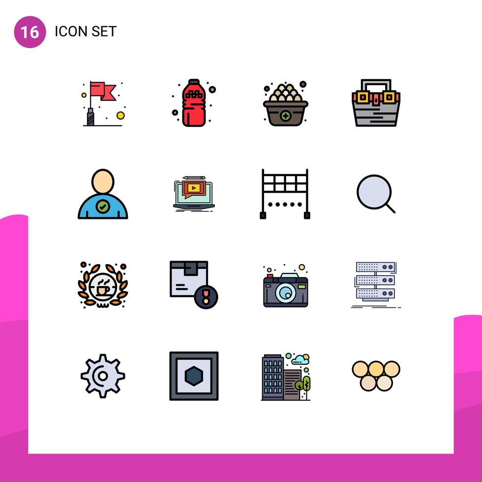 Pictogram Set of 16 Simple Flat Color Filled Lines of laptop complete add check material ...
