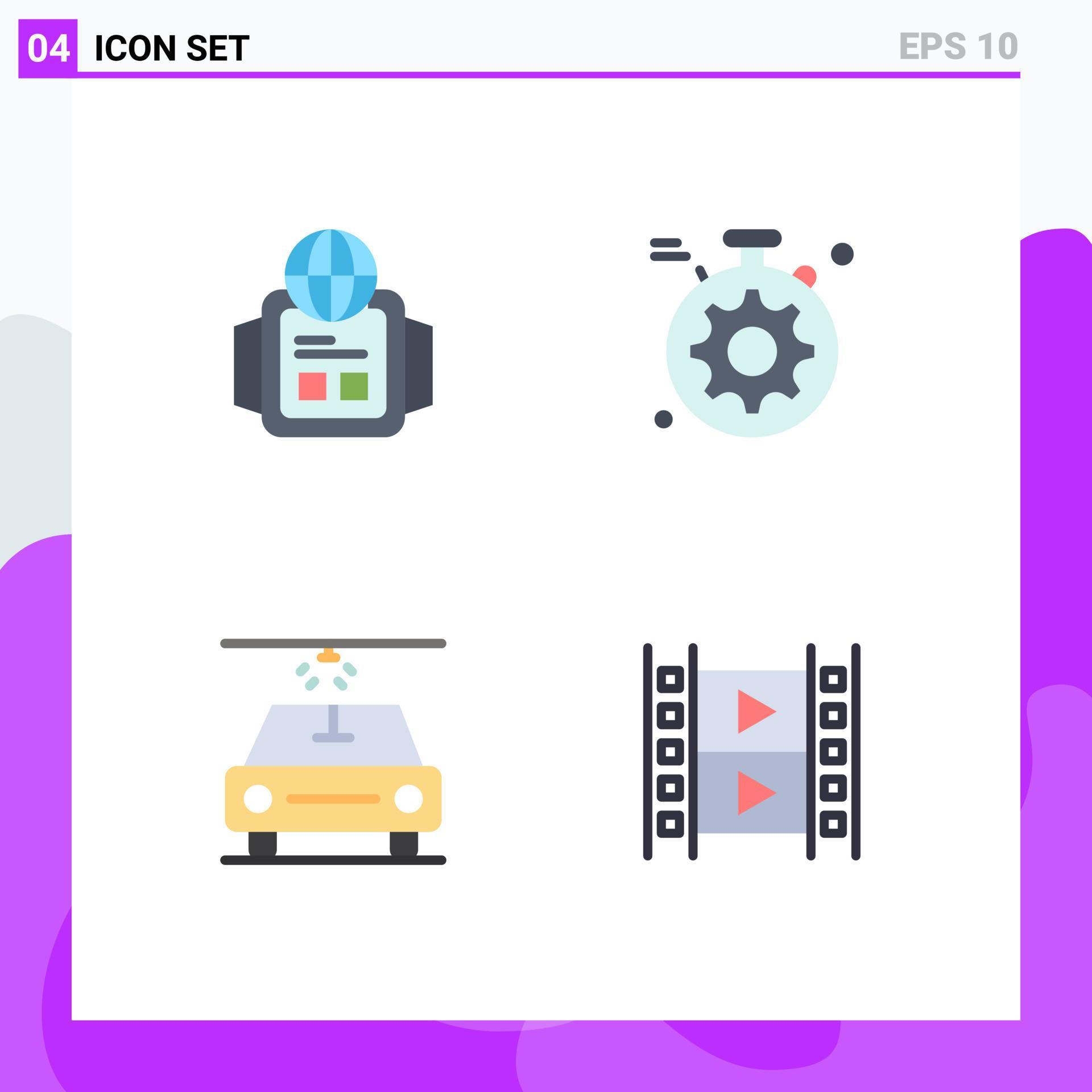 Set of 4 Vector Flat Icons on Grid for technology media server car ...