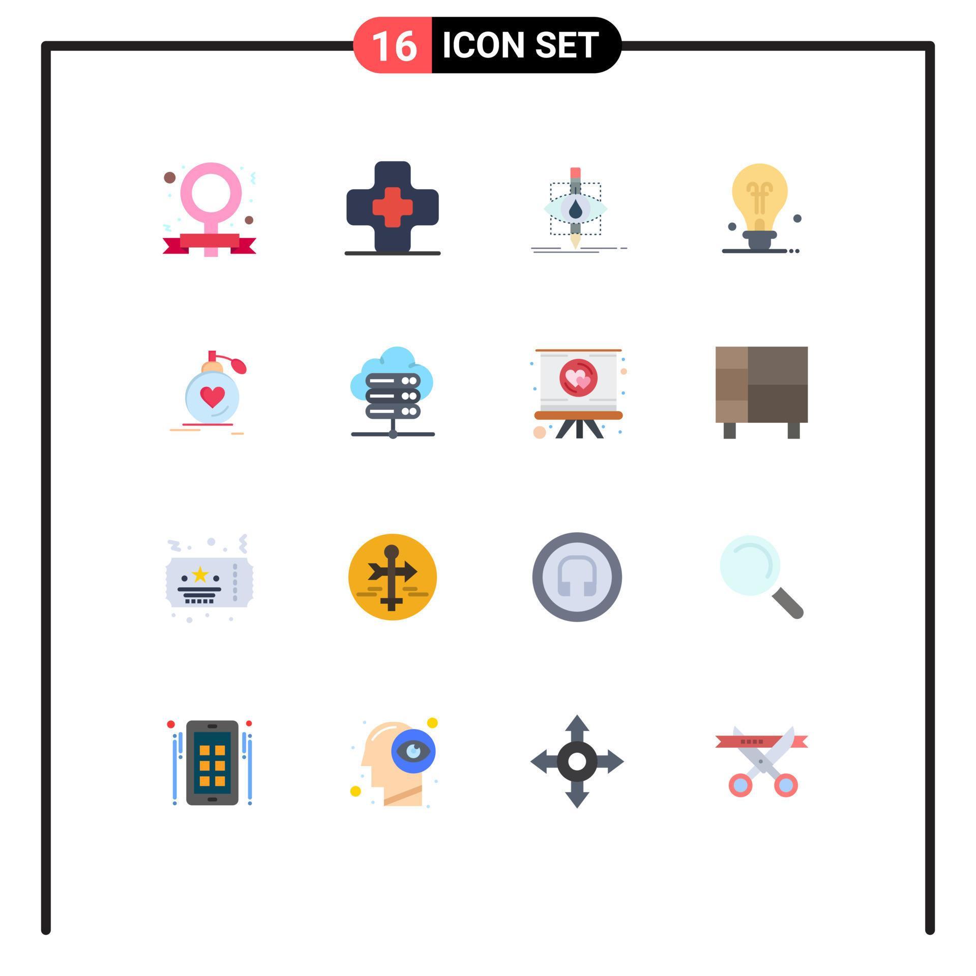 16 Thematic Vector Flat Colors And Editable Symbols Of Passion Love Monitoring Idea Bulb