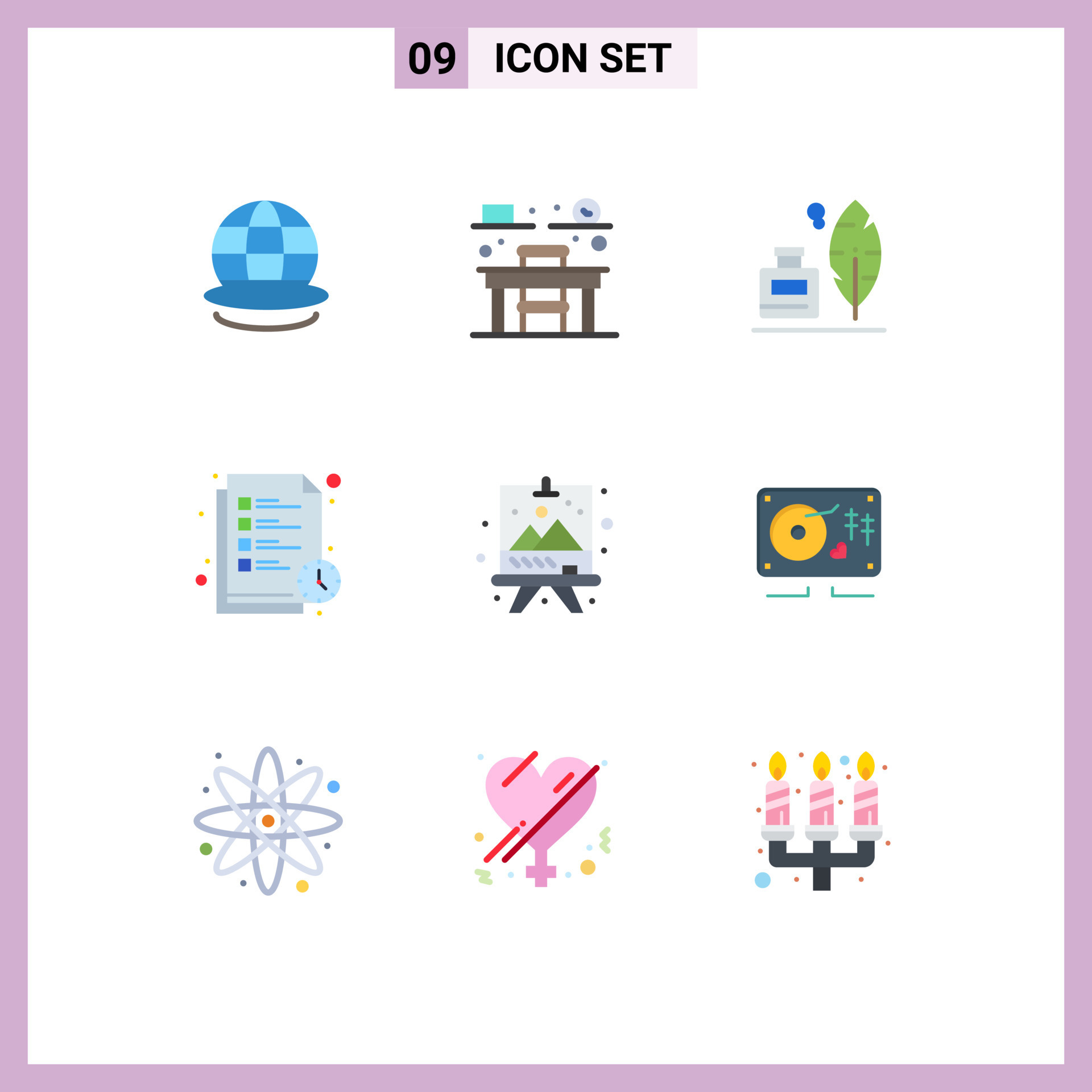 9 Thematic Vector Flat Colors and Editable Symbols of arts board ...