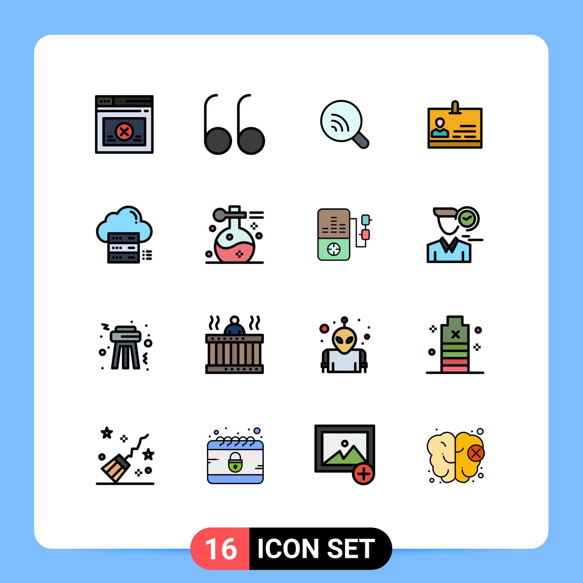 Set Of 16 Vector Flat Color Filled Lines On Grid For Cloud Online Wifi Sever Identity Editable