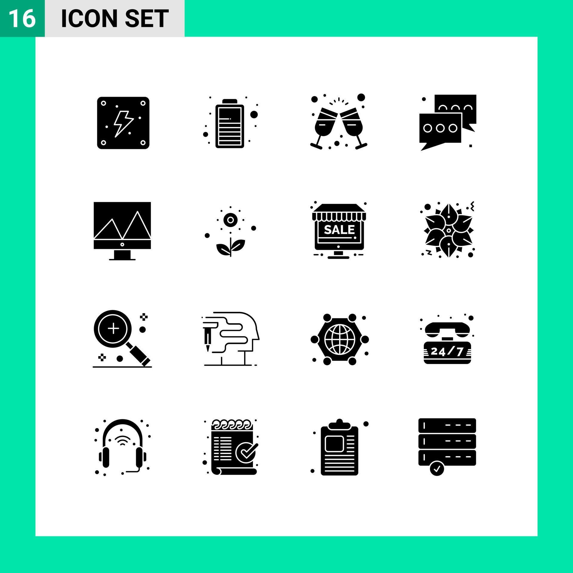 Set Of 16 Vector Solid Glyphs On Grid For Graph Analytics Drink Talk Communication Editable