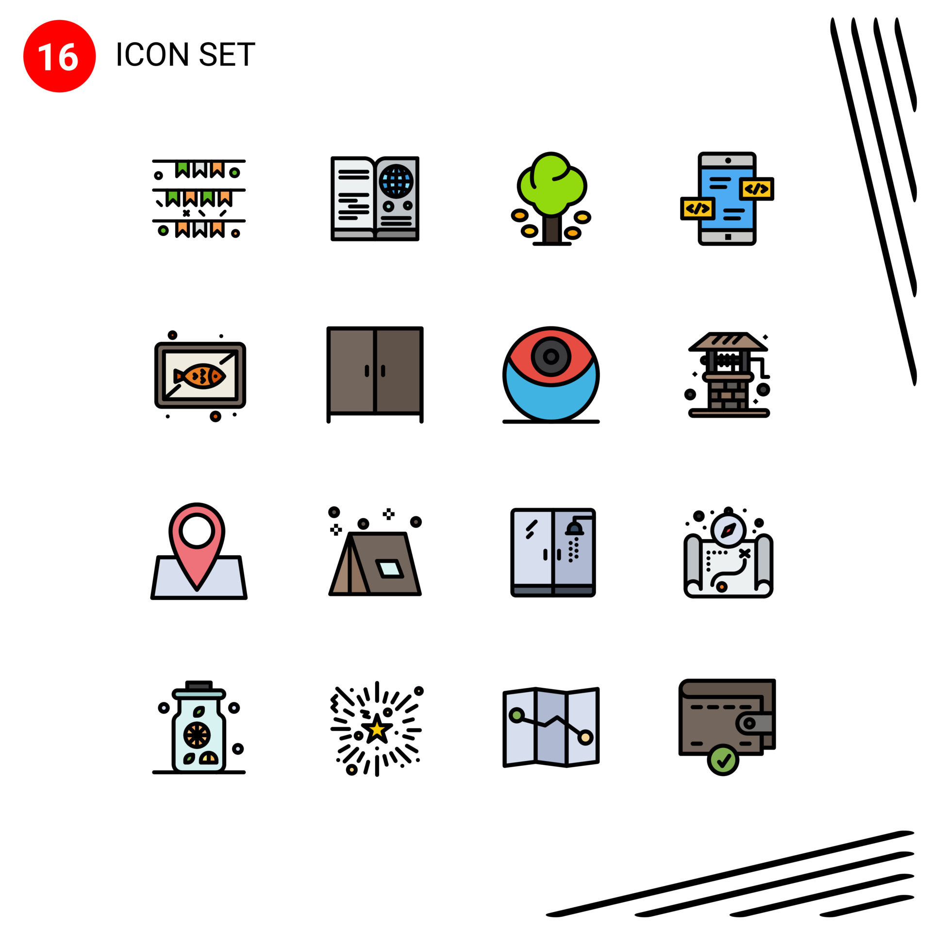 Mobile Interface Flat Color Filled Line Set Of 16 Pictograms Of Div App Development Travel Tree