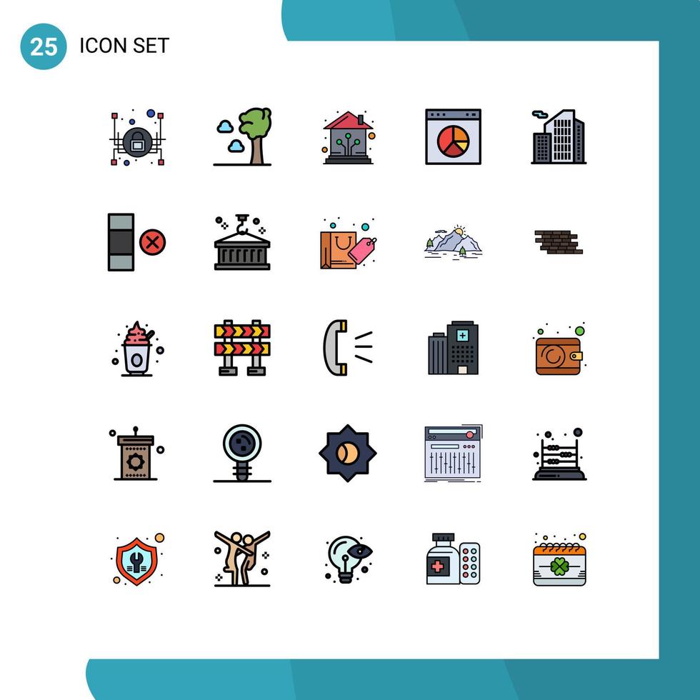 Editable Vector Line Pack Of 25 Simple Filled Line Flat Colors Of Office Estate Smart Building