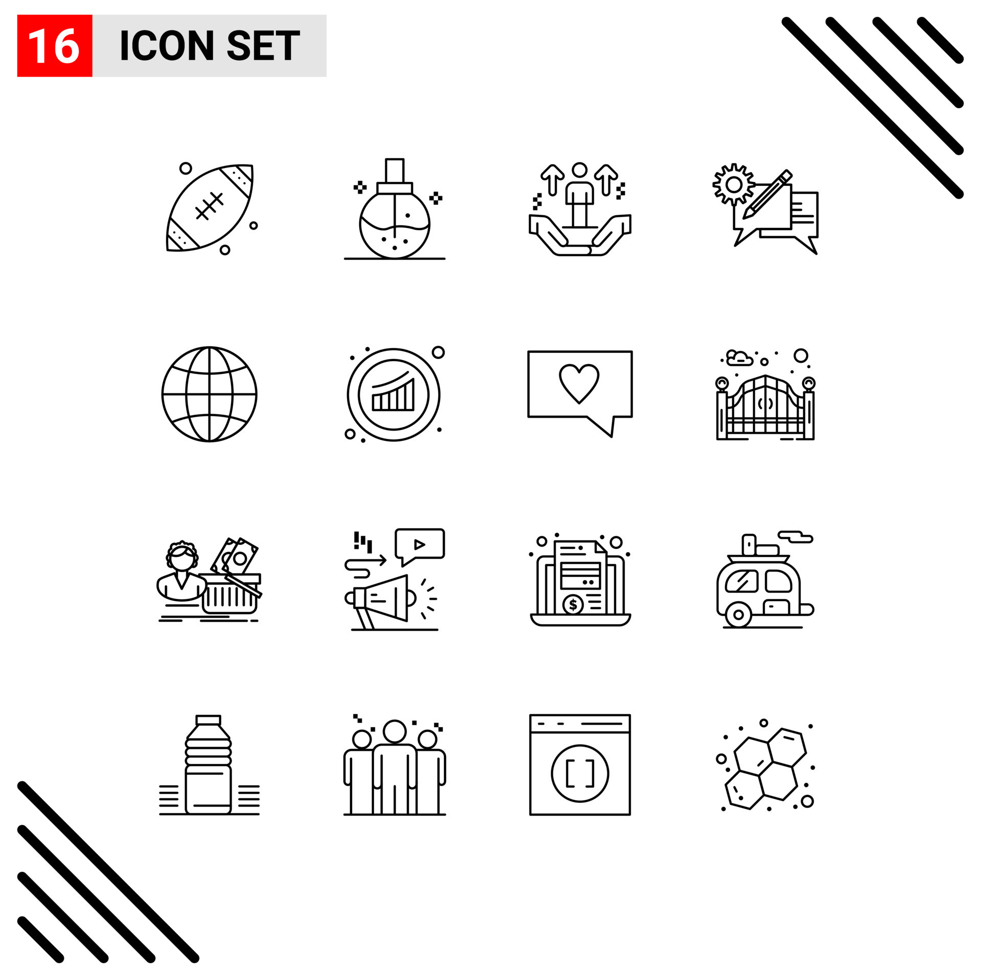 Editable Vector Line Pack Of 16 Simple Outlines Of Setting Communication Perfume Chat Support