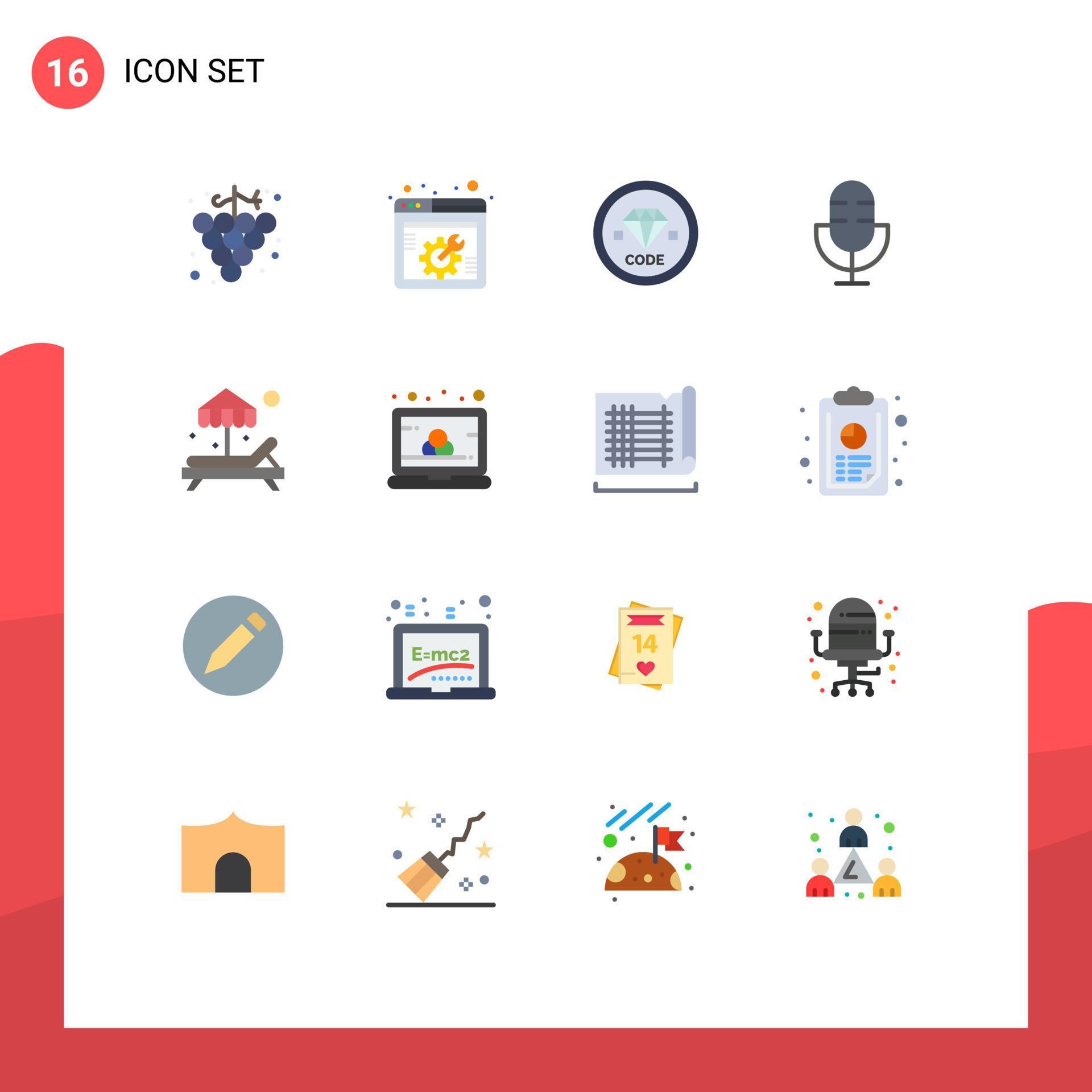 Pack Of 16 Creative Flat Colors Of Beach Products Coding Microphone Devices Editable Pack Of