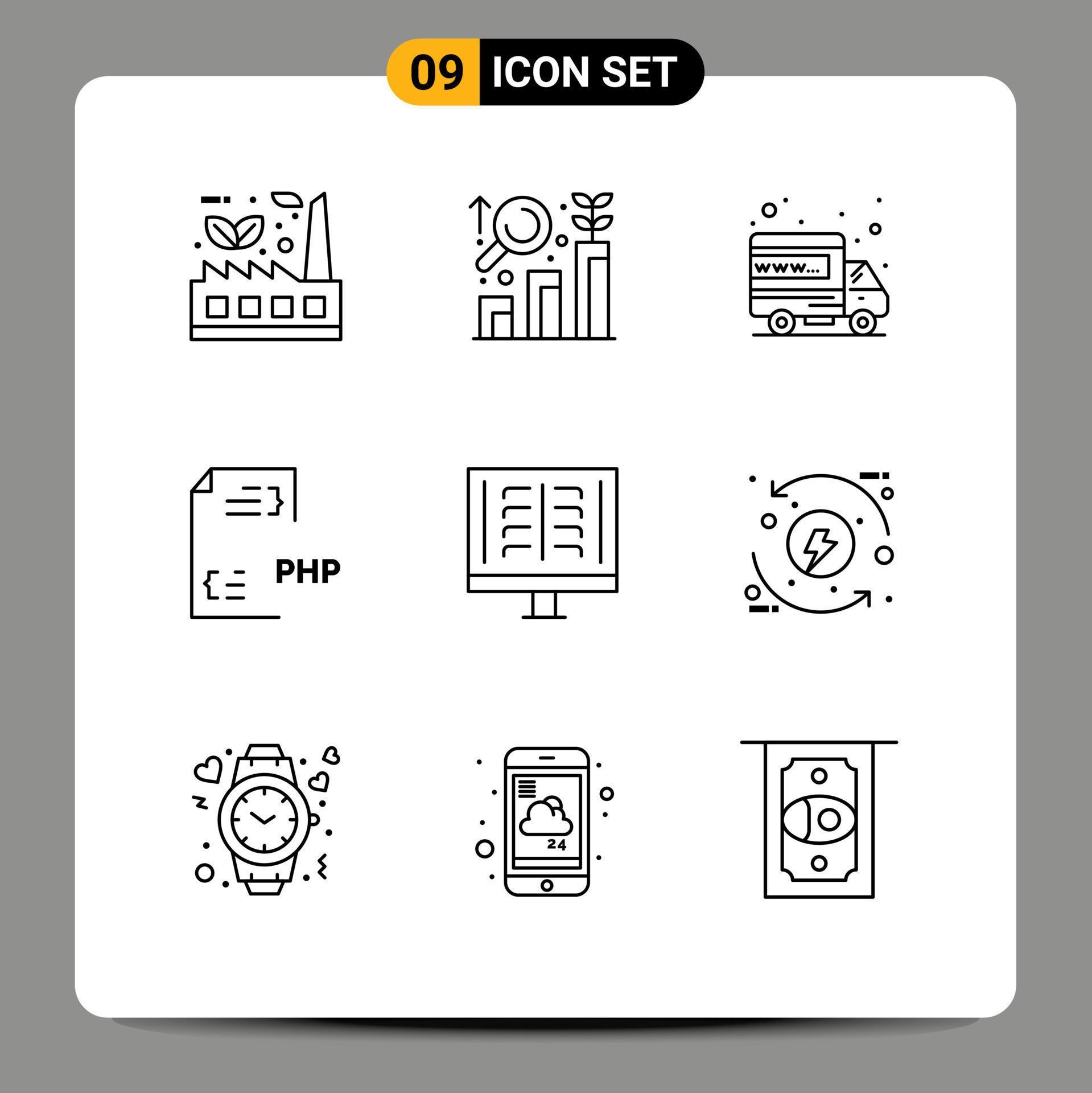 9 Universal Outline Signs Symbols Of File Development Growth Develop Domain Editable Vector