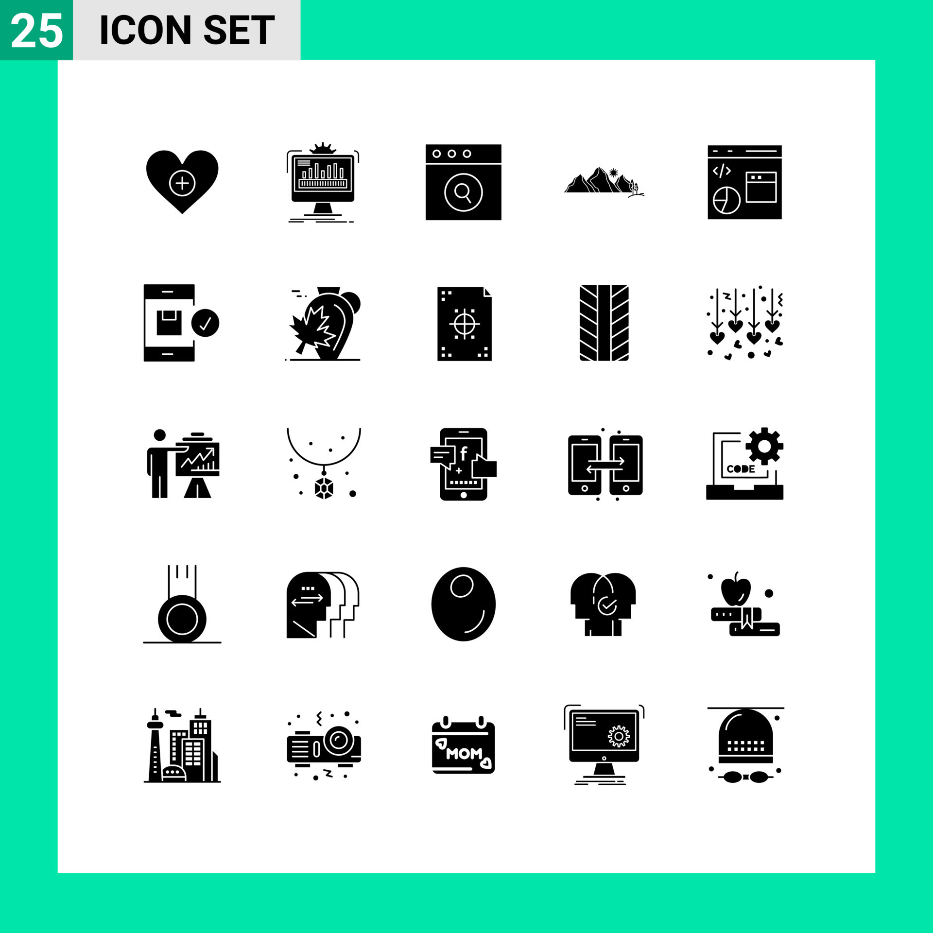 Pictogram Set of 25 Simple Solid Glyphs of coding mountain processing nature hill Editable ...