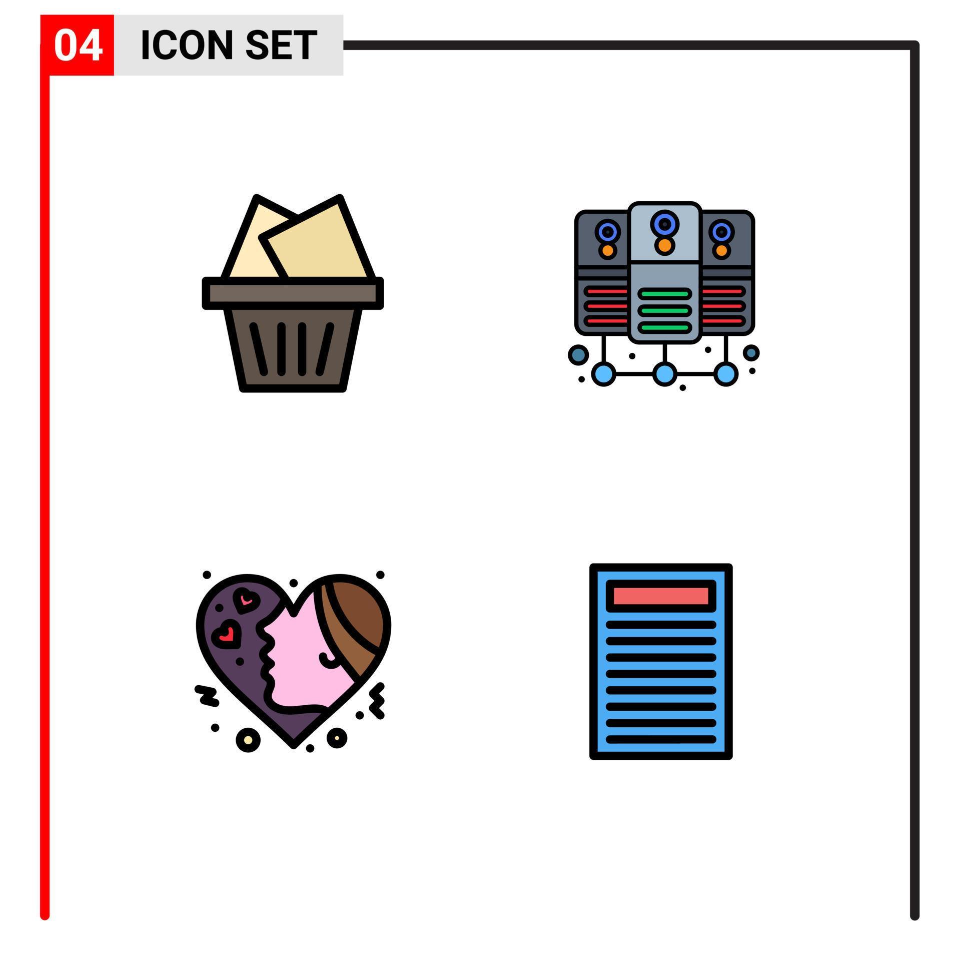 Mobile Interface Filledline Flat Color Set of 4 Pictograms of cart hearts database server emojis ...