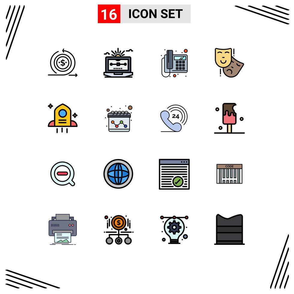 Modern Set Of 16 Flat Color Filled Lines Pictograph Of Theater Masks Computer Acting Telephone