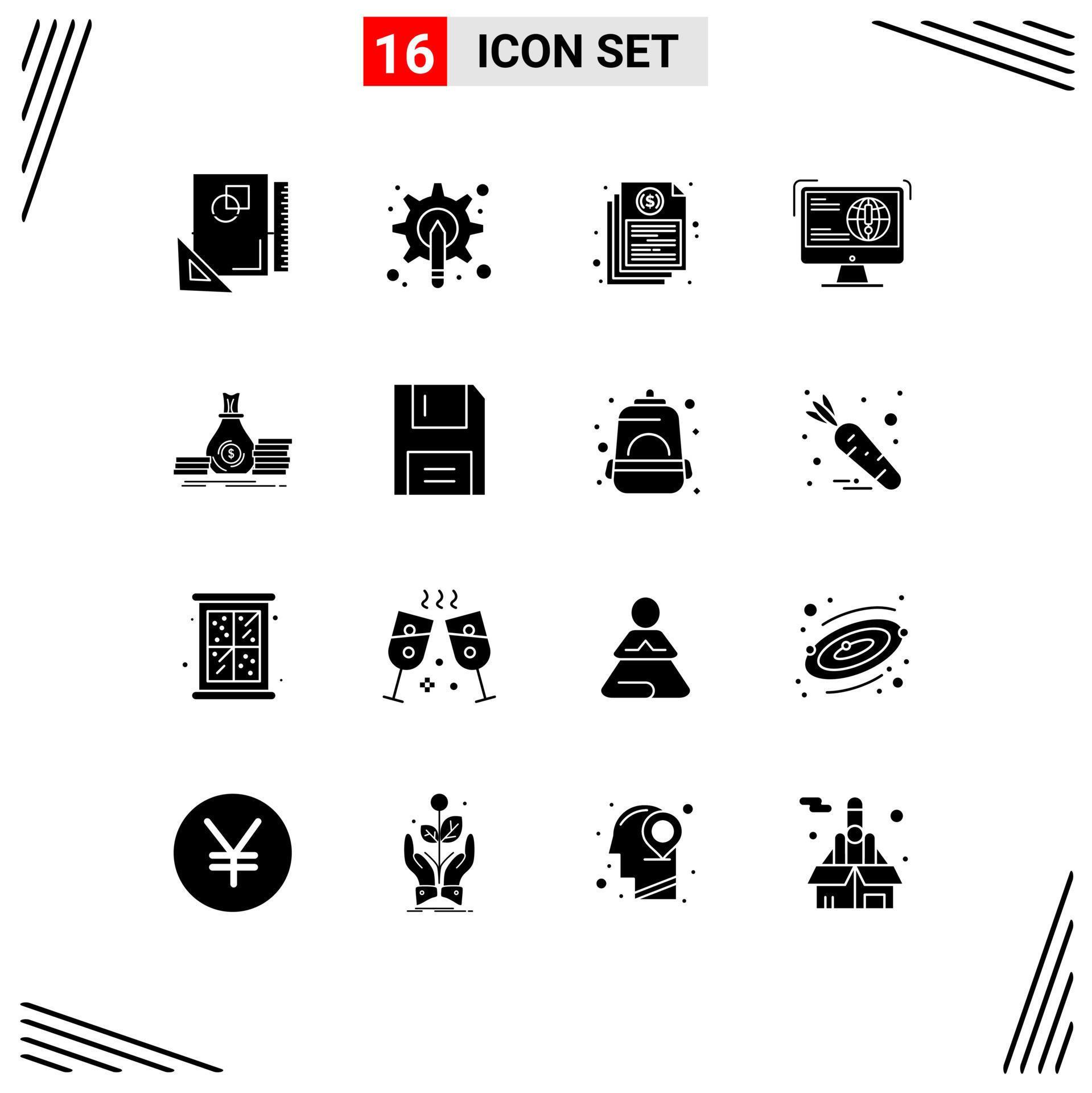 16 Thematic Vector Solid Glyphs And Editable Symbols Of Development Information Tool Report File