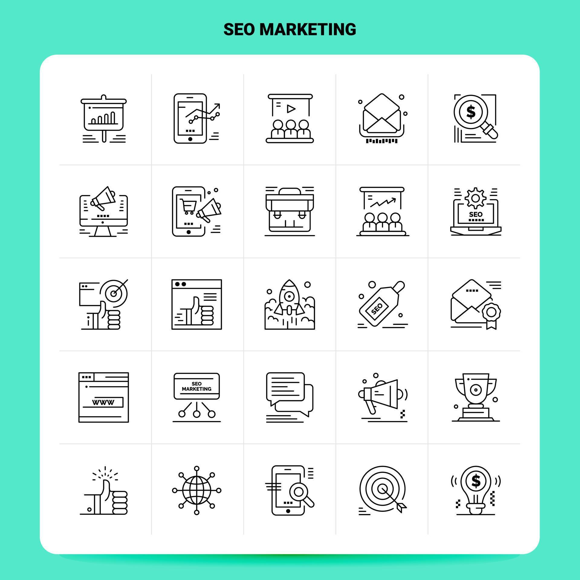 Outline 25 Seo Marketing Icon Set Vector Line Style Design Black Icons Set Linear Pictogram Pack