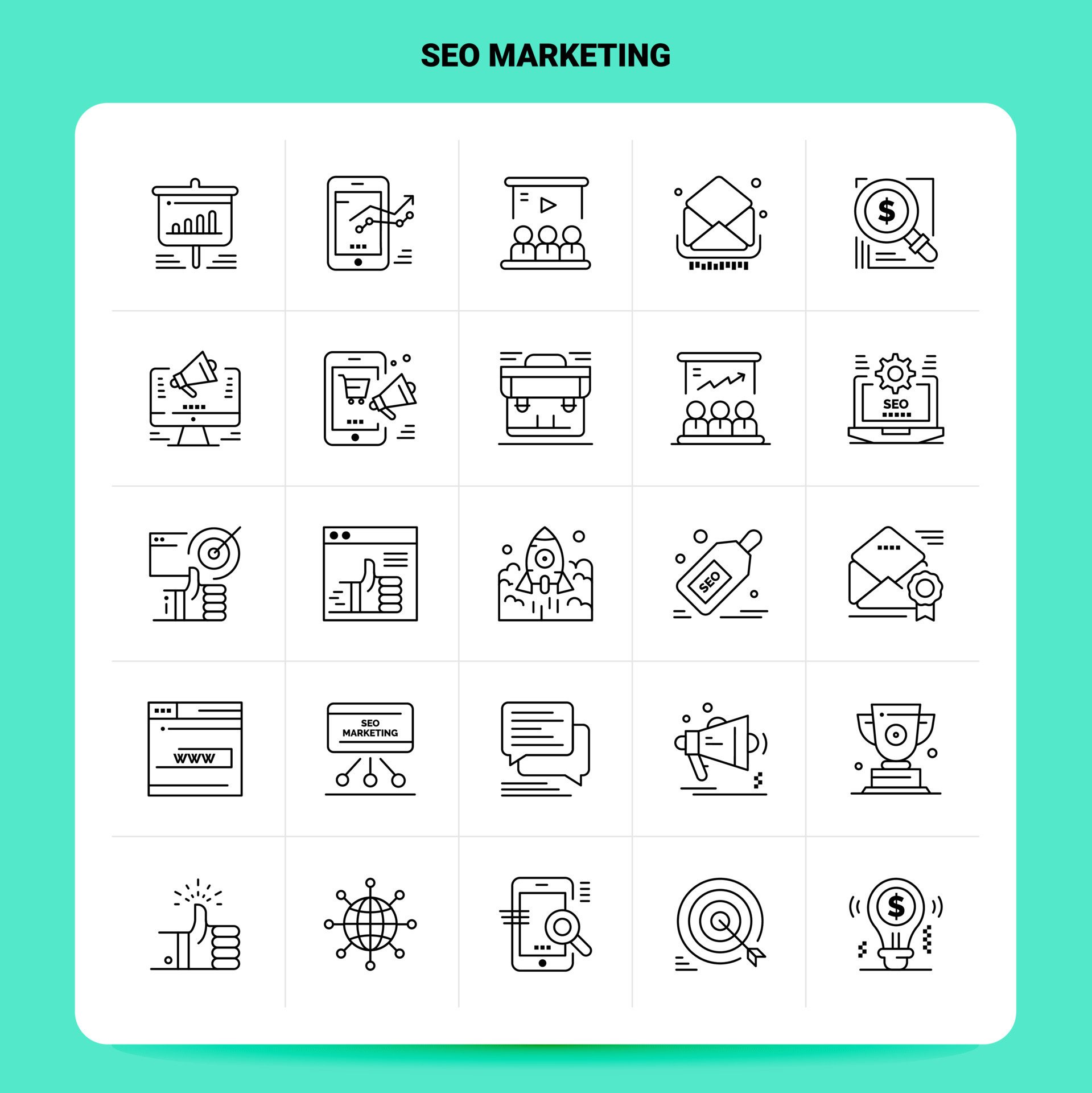 Outline 25 Seo Marketing Icon Set Vector Line Style Design Black Icons Set Linear Pictogram Pack