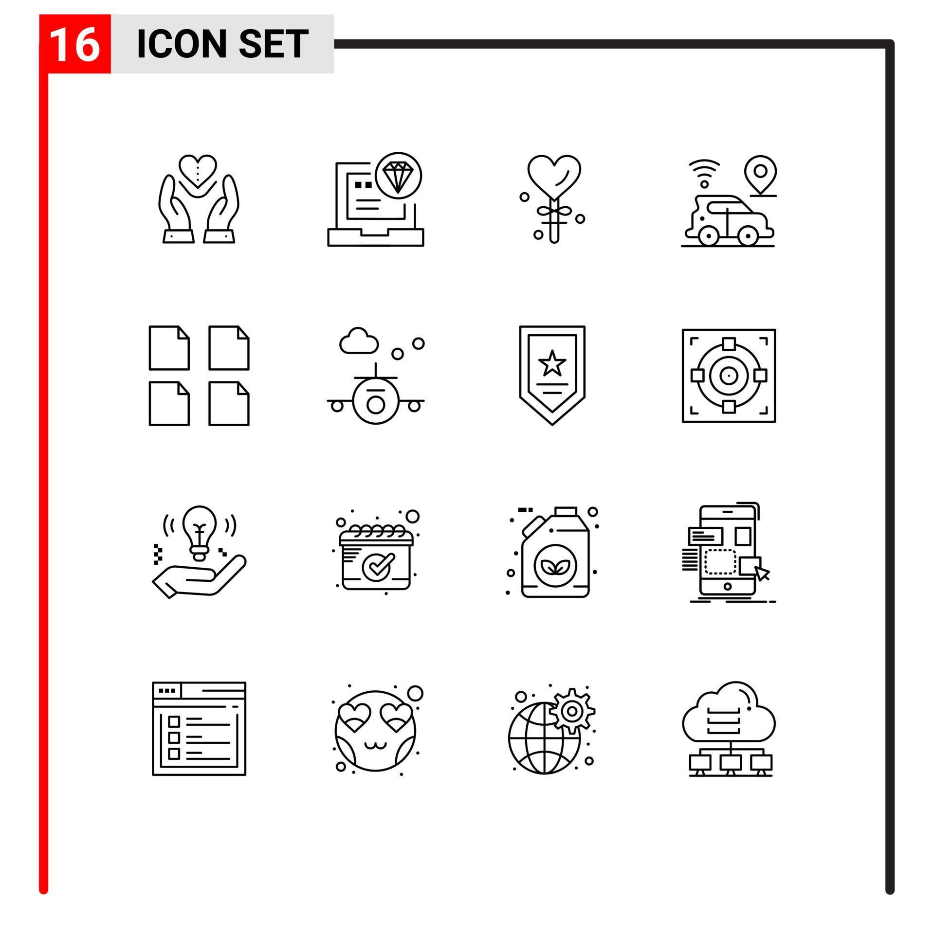 Universal Icon Symbols Group of 16 Modern Outlines of technology location coding car valentines ...