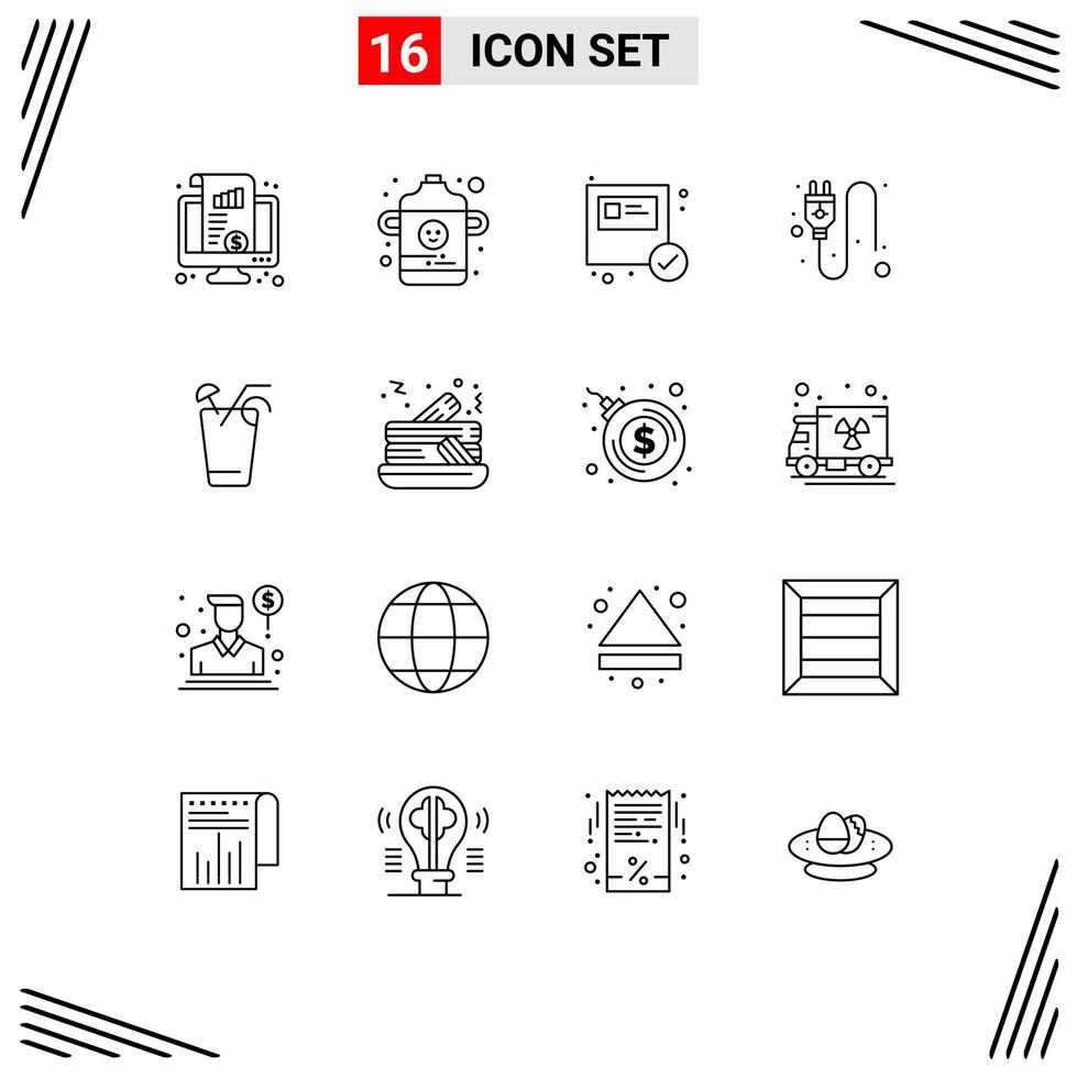 Pack Of 16 Modern Outlines Signs And Symbols For Web Print Media Such As Food Juice Box Socket