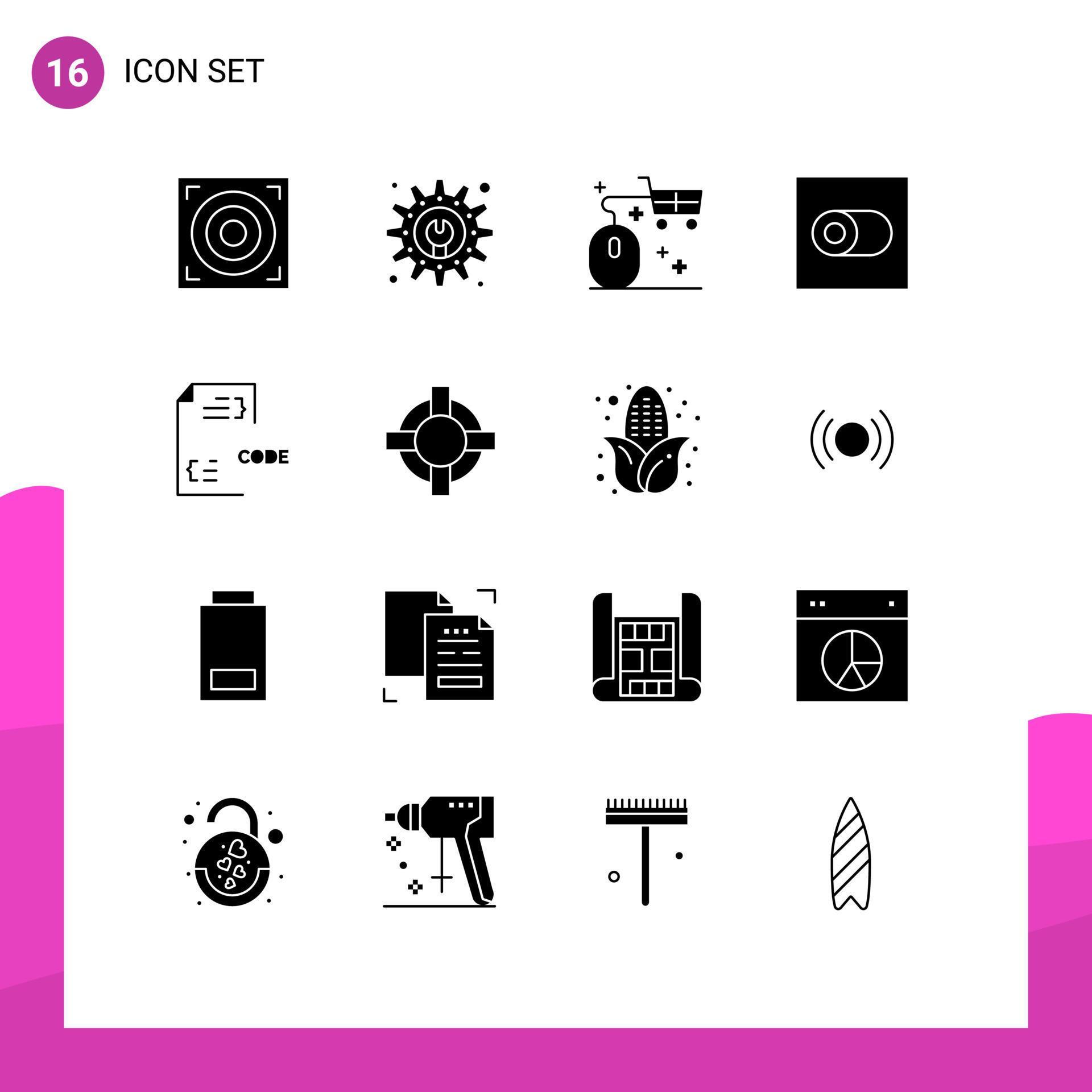 Set Of 16 Commercial Solid Glyphs Pack For Development Coding Mouse Code Switch Editable Vector
