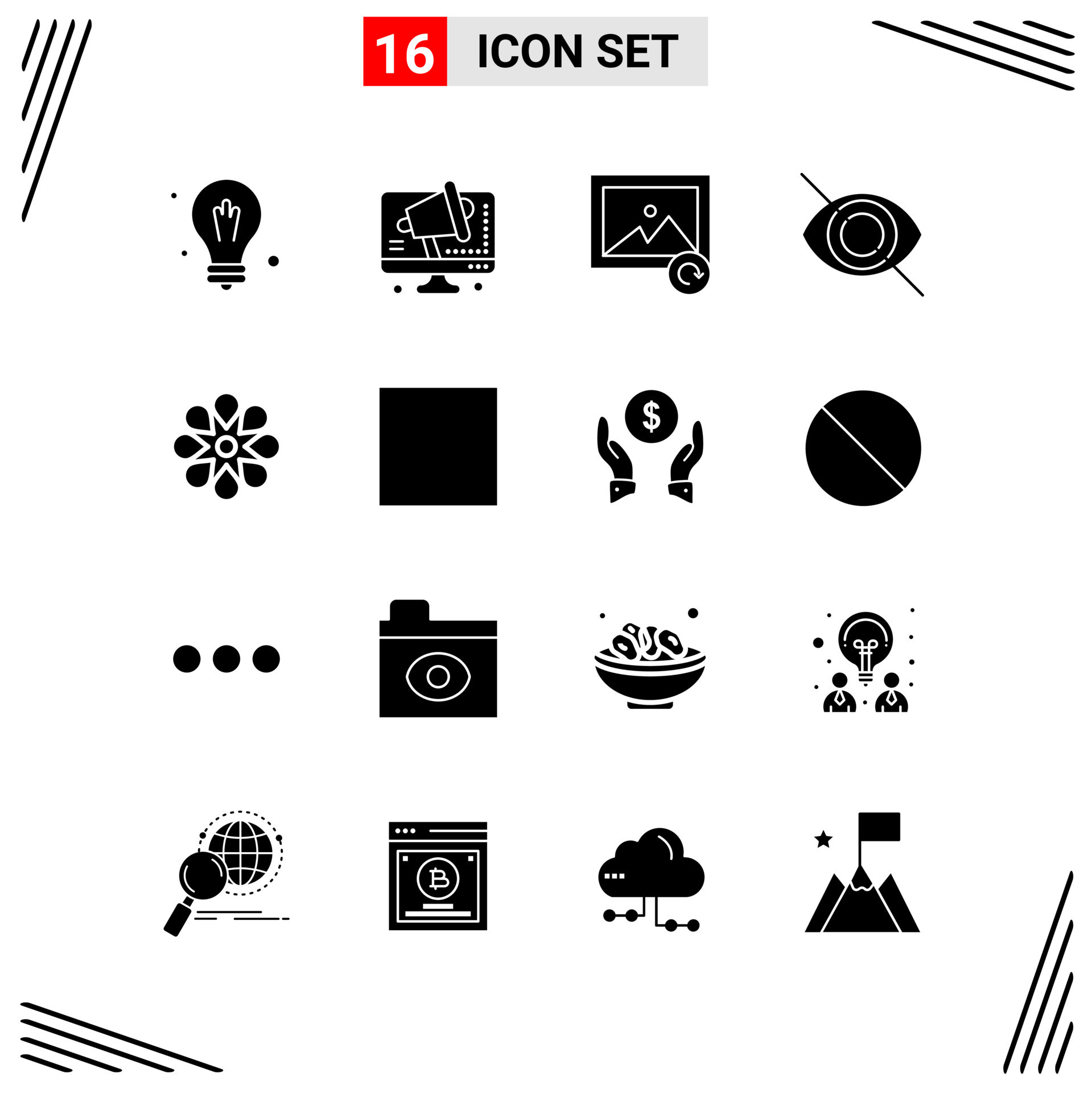 16 Icons Solid Style Grid Based Creative Glyph Symbols for Website ...