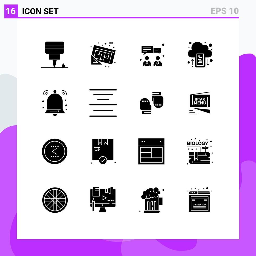 Modern Set of 16 Solid Glyphs and symbols such as notification alert business upload drive ...