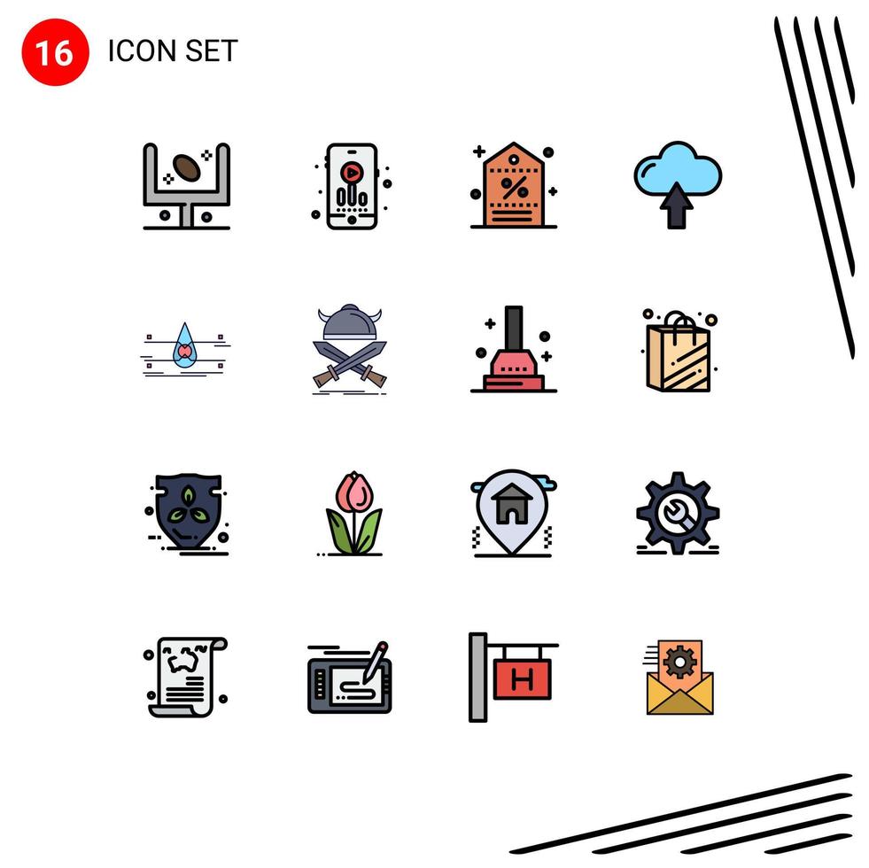 Mobile Interface Flat Color Filled Line Set Of 16 Pictograms Of Water Up Discount Arrow Tag