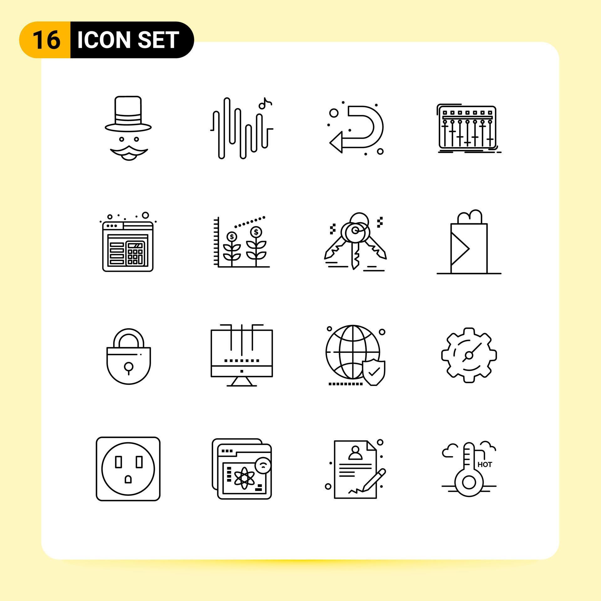 Set of 16 Vector Outlines on Grid for browser music arrow mixer console Editable Vector Design ...