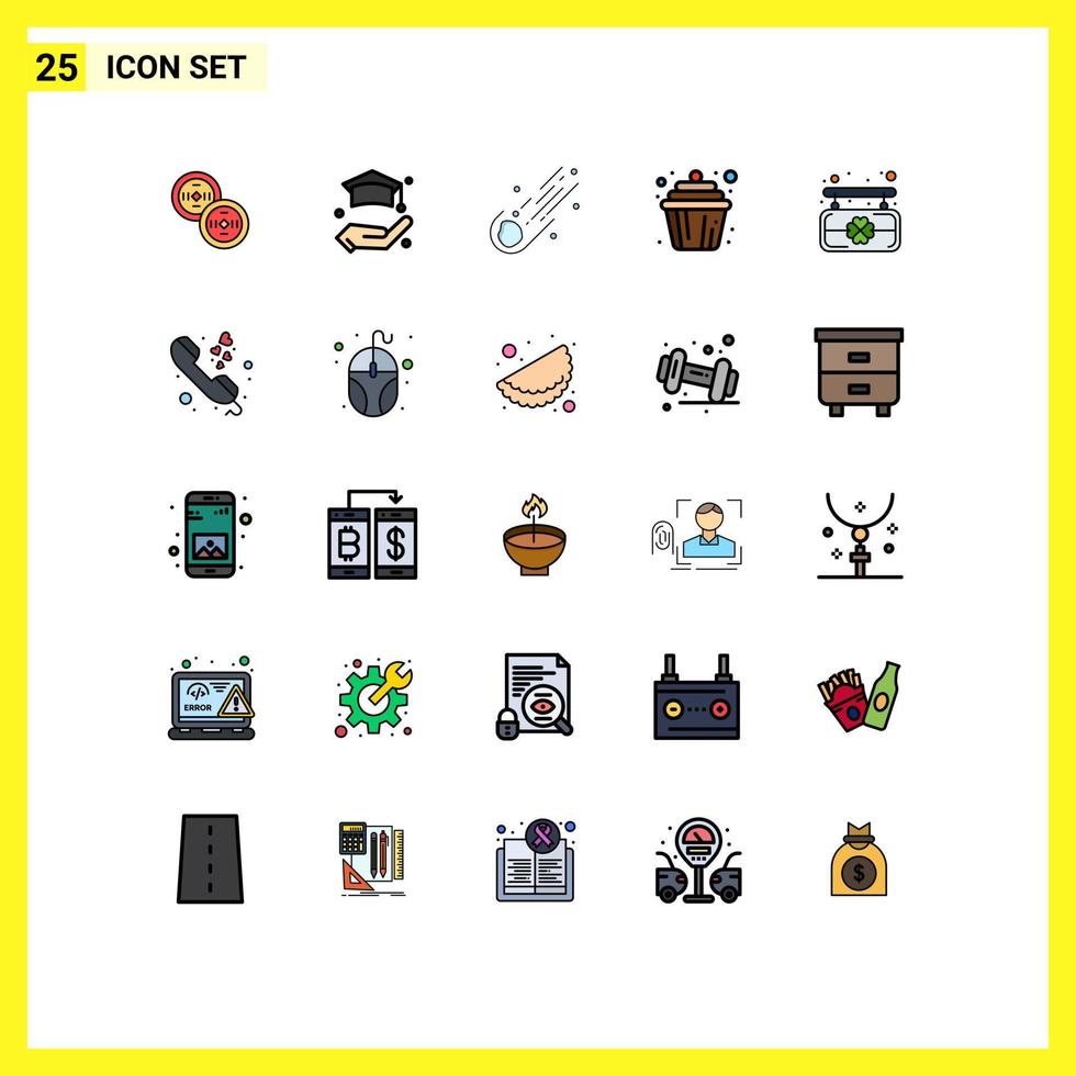 Mobile Interface Filled Line Flat Color Set Of 25 Pictograms Of Patrick Board Meteor Muffin Cake