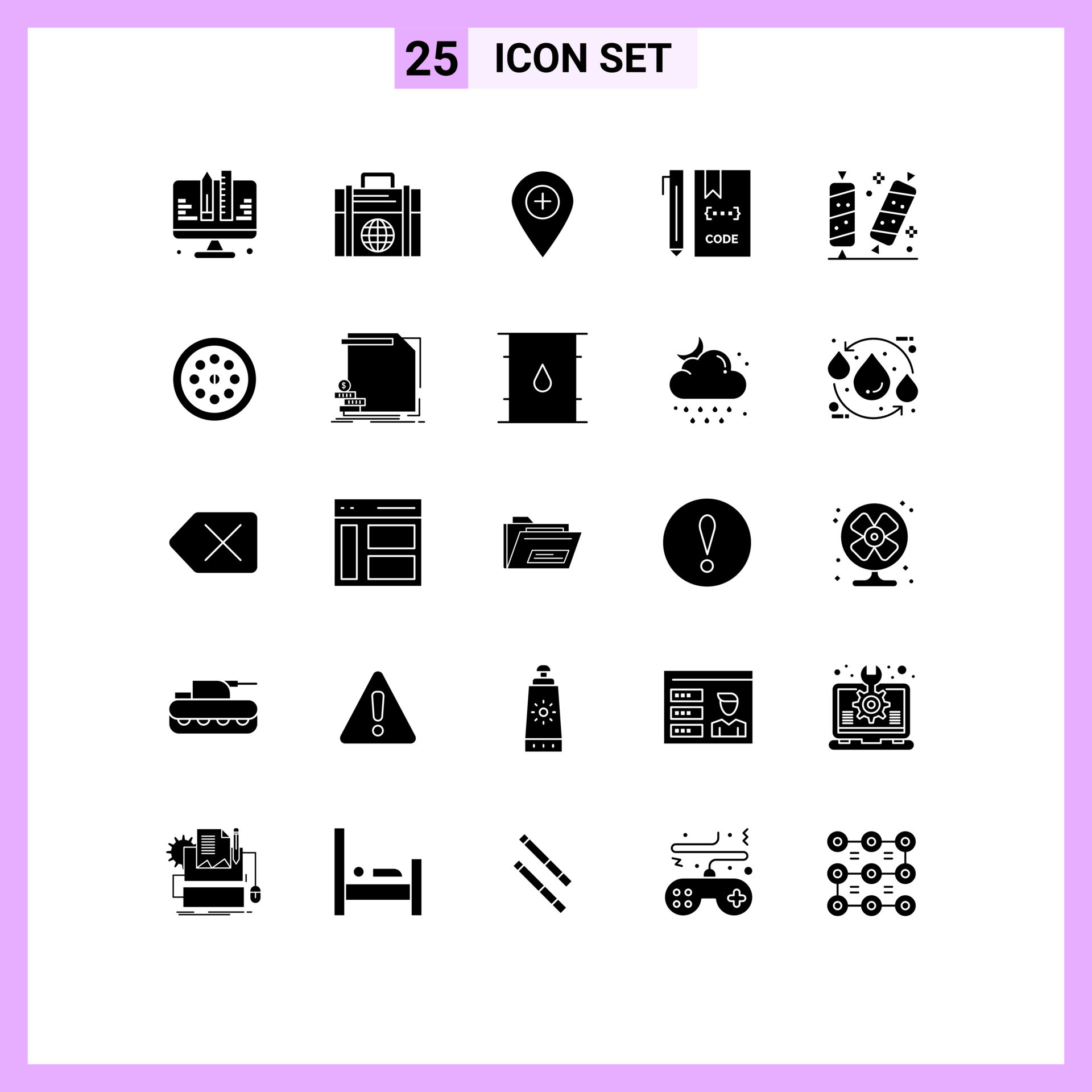 Set Of 25 Vector Solid Glyphs On Grid For File Develop Plus Coding Pin Editable Vector Design