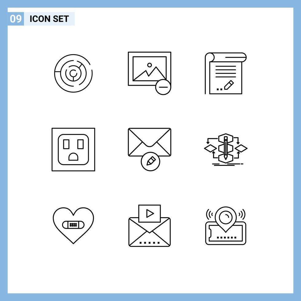 Pictogram Set Of 9 Simple Outlines Of Write Mail Document Socket Notebook Editable Vector Design