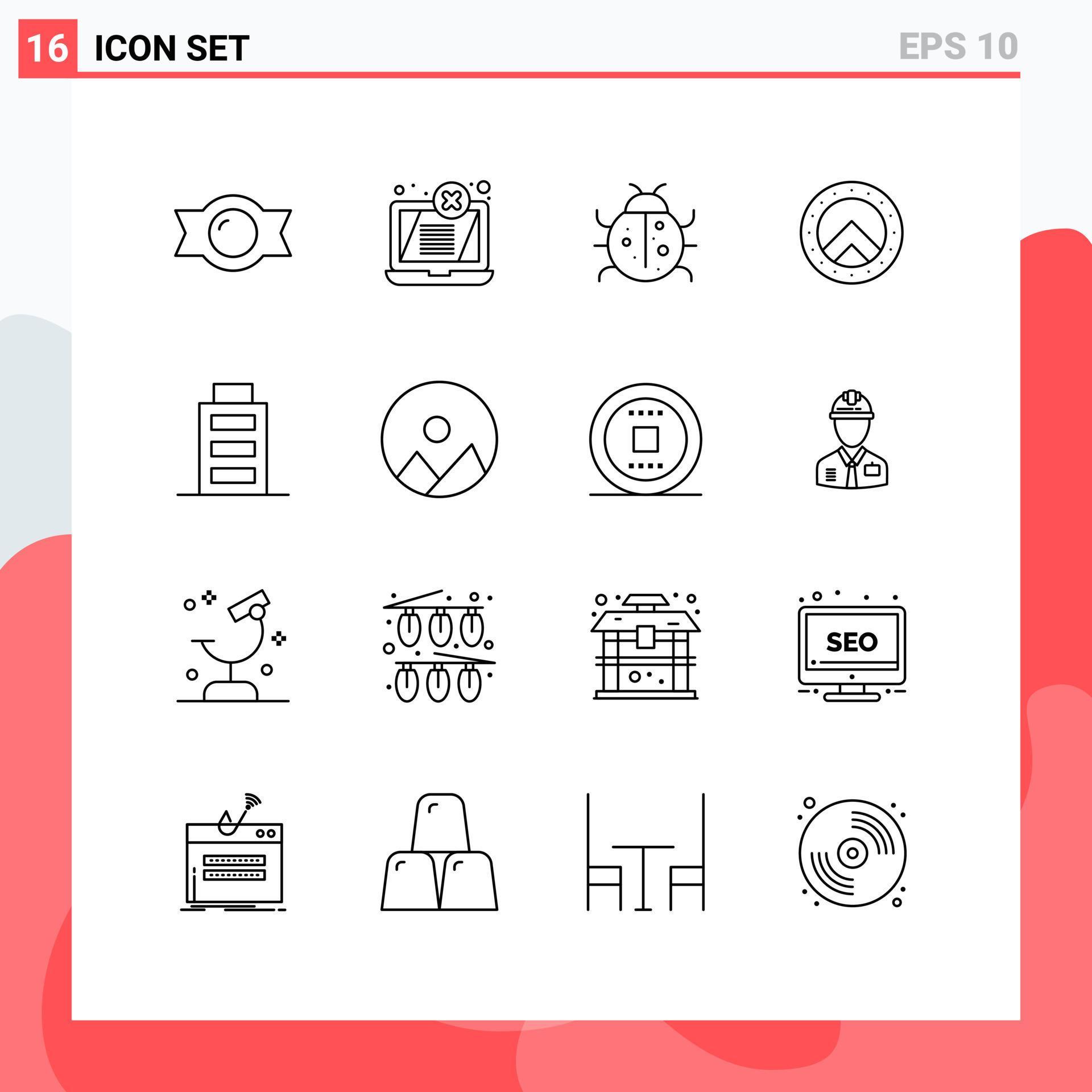 16 Universal Outlines Set For Web And Mobile Applications User Battery Insect Greece Shield