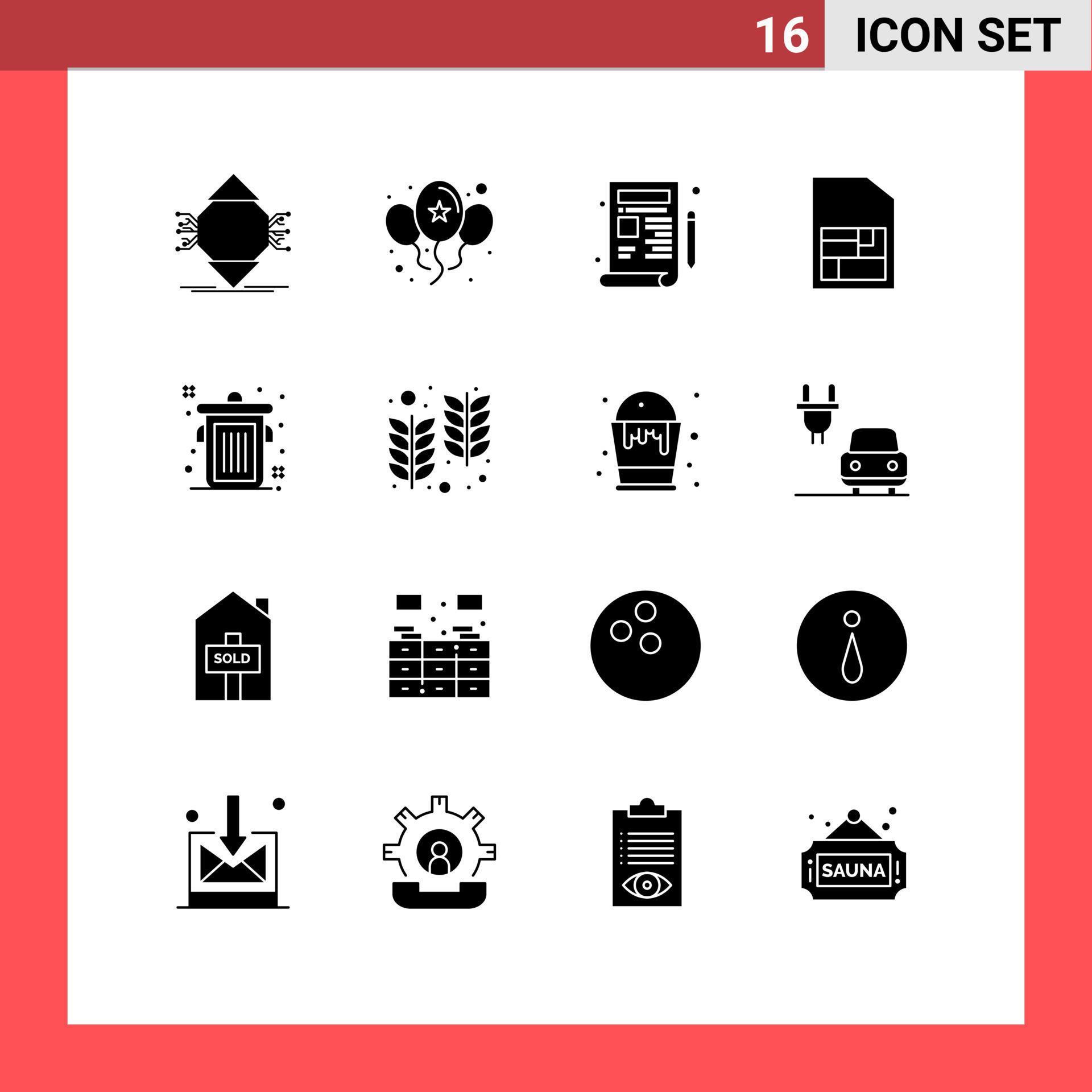 16 Thematic Vector Solid Glyphs and Editable Symbols of editorial sim ...