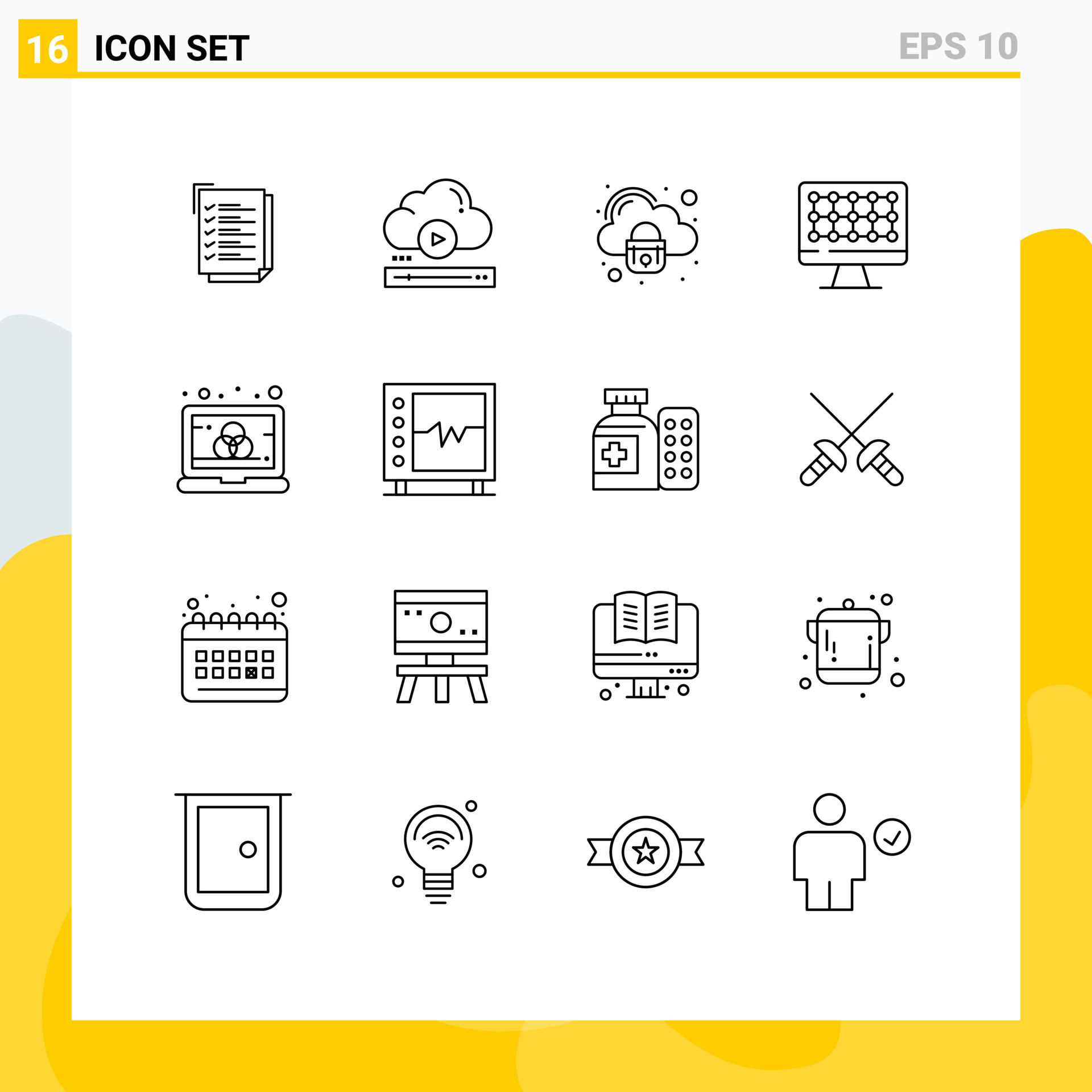 Set Of 16 Vector Outlines On Grid For Computer Hardware Online Technology Secure Editable Vector